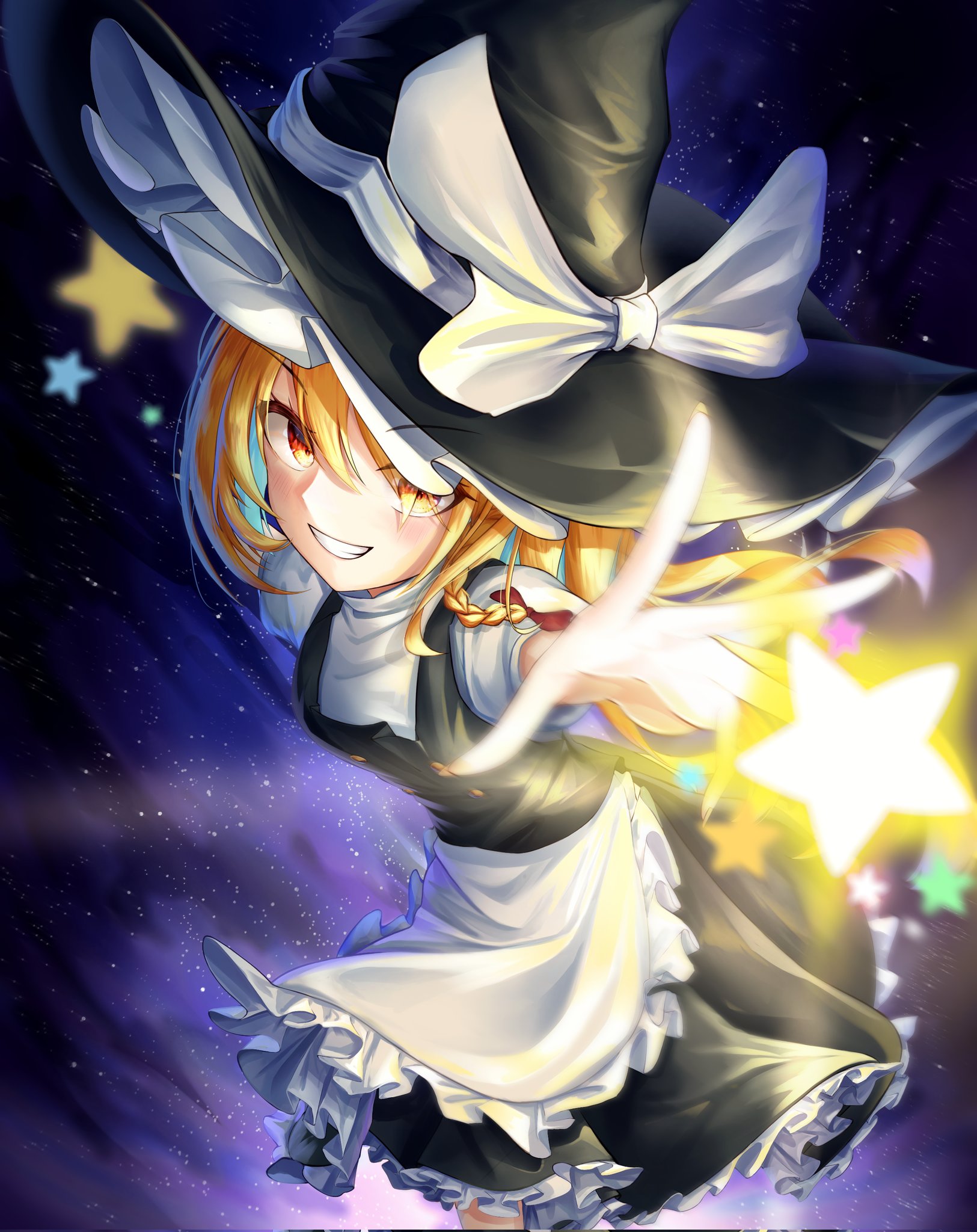 Safebooru - 1girl apron black dress blonde hair bow braid broom broom riding buttons danmaku ...