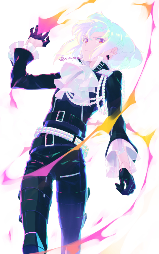 Safebooru - 1boy androgynous belt black belt black gloves black pants earrings fire from below ...