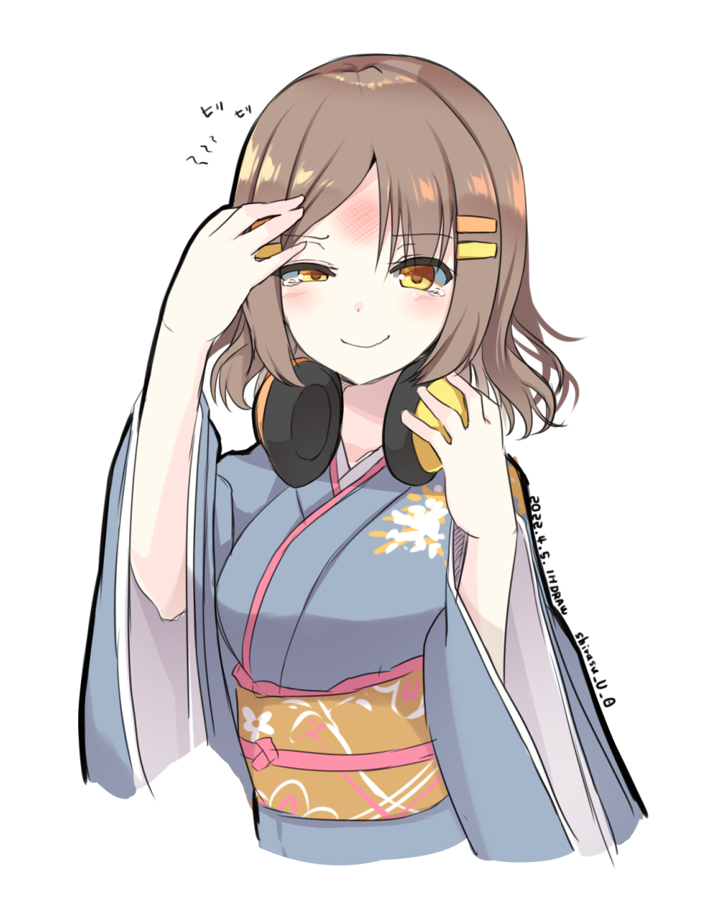 Safebooru 1girl Arm Up Bangs Blue Kimono Blush Breasts Brown Eyes 0017