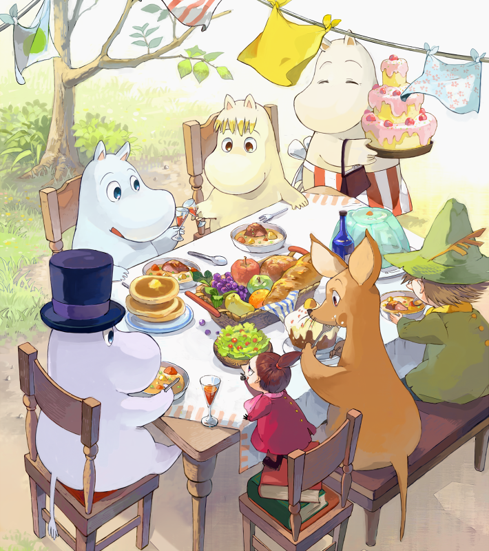 Safebooru - 3girls 5boys apple blue eyes bread cake closed eyes food ...