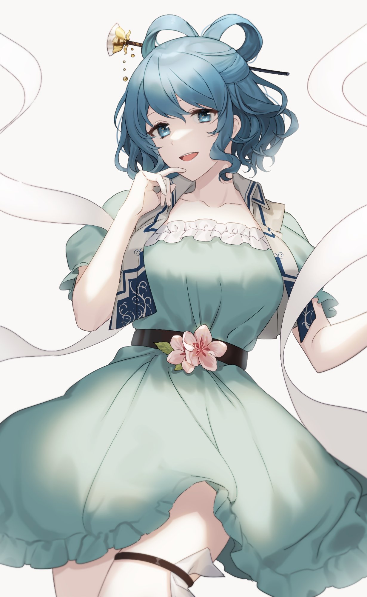 Safebooru - 1girl :d ap5ry aqua dress bangs belt black belt blue eyes blue hair blush breasts ...