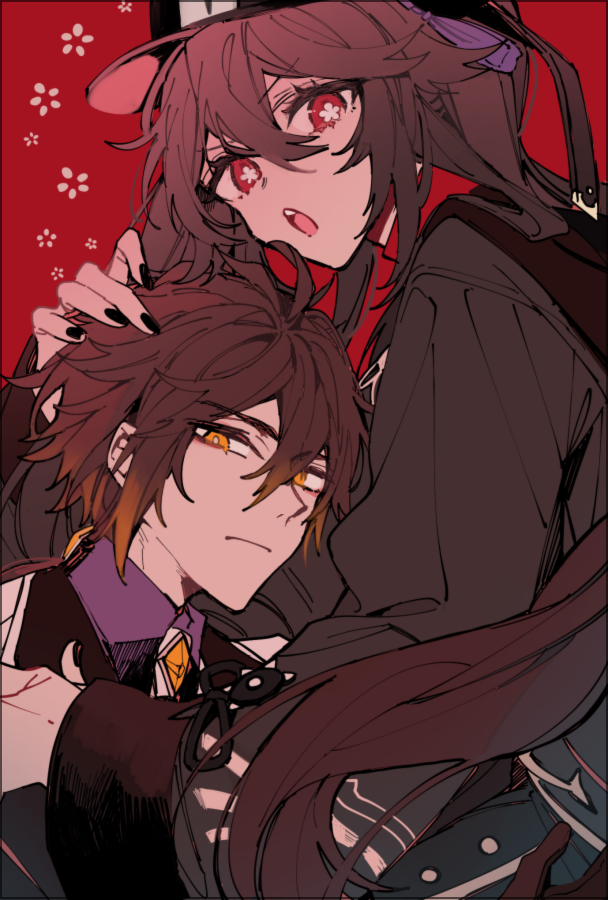 Safebooru - 1boy 1girl :| akina422 bangs black headwear black nails brown hair chinese clothes ...