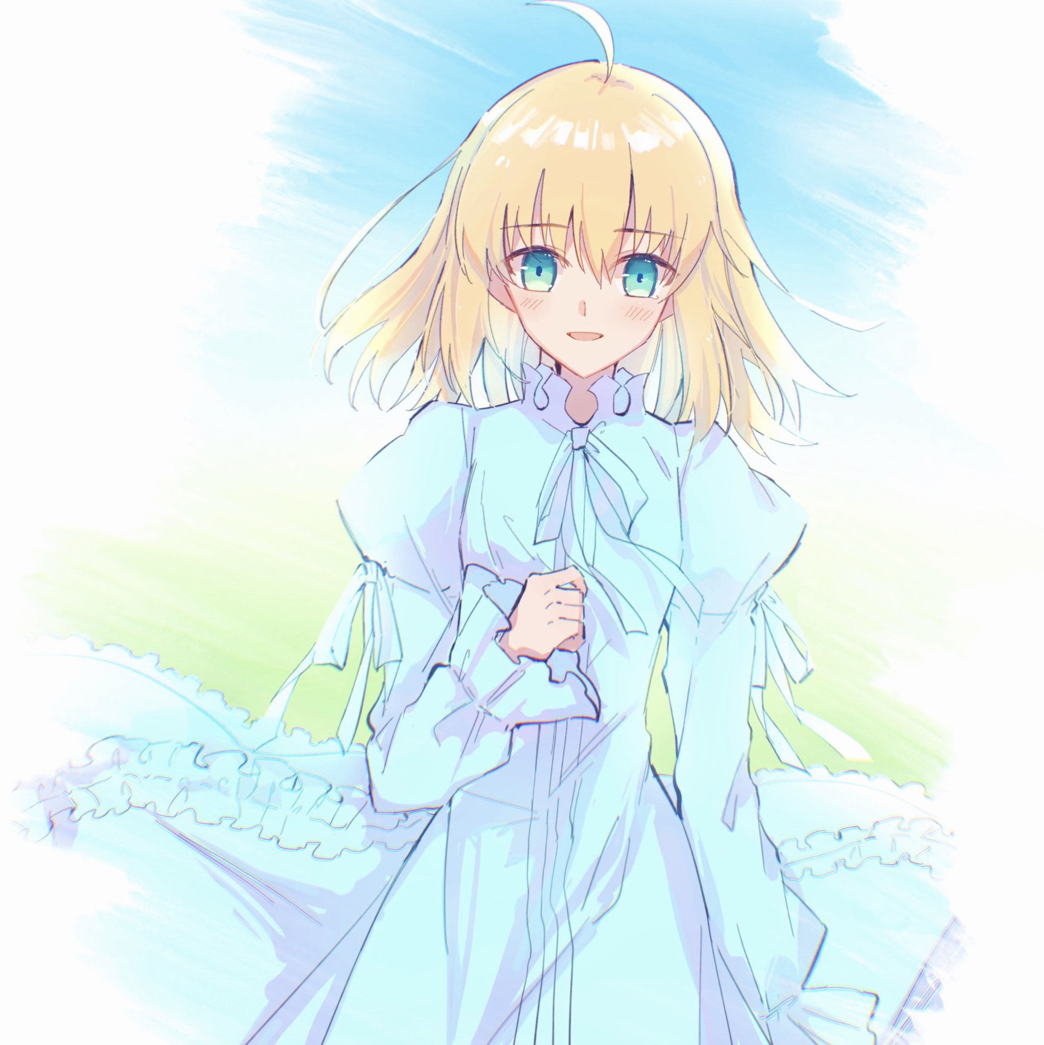 Safebooru - 1girl ahoge artoria pendragon (fate) bangs blonde hair blue dress blue eyes blue ...