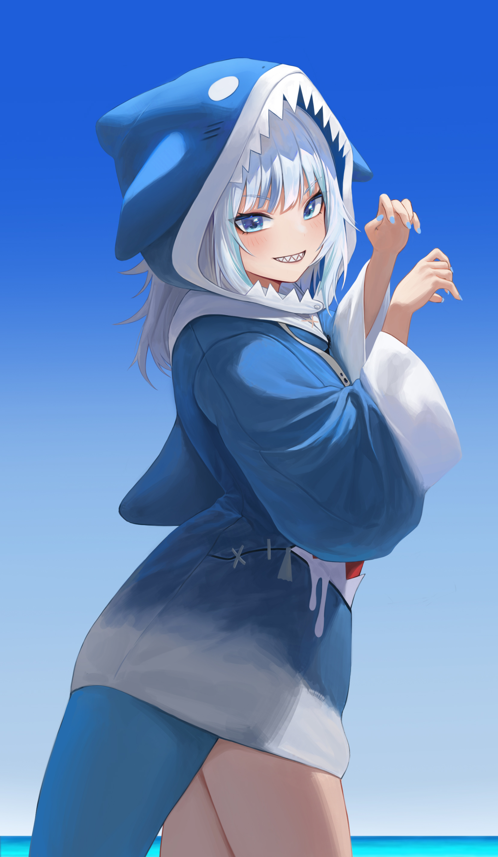 Safebooru - 1girl absurdres animal hood bangs bburi blue eyes blue hair blue hoodie blue nails ...