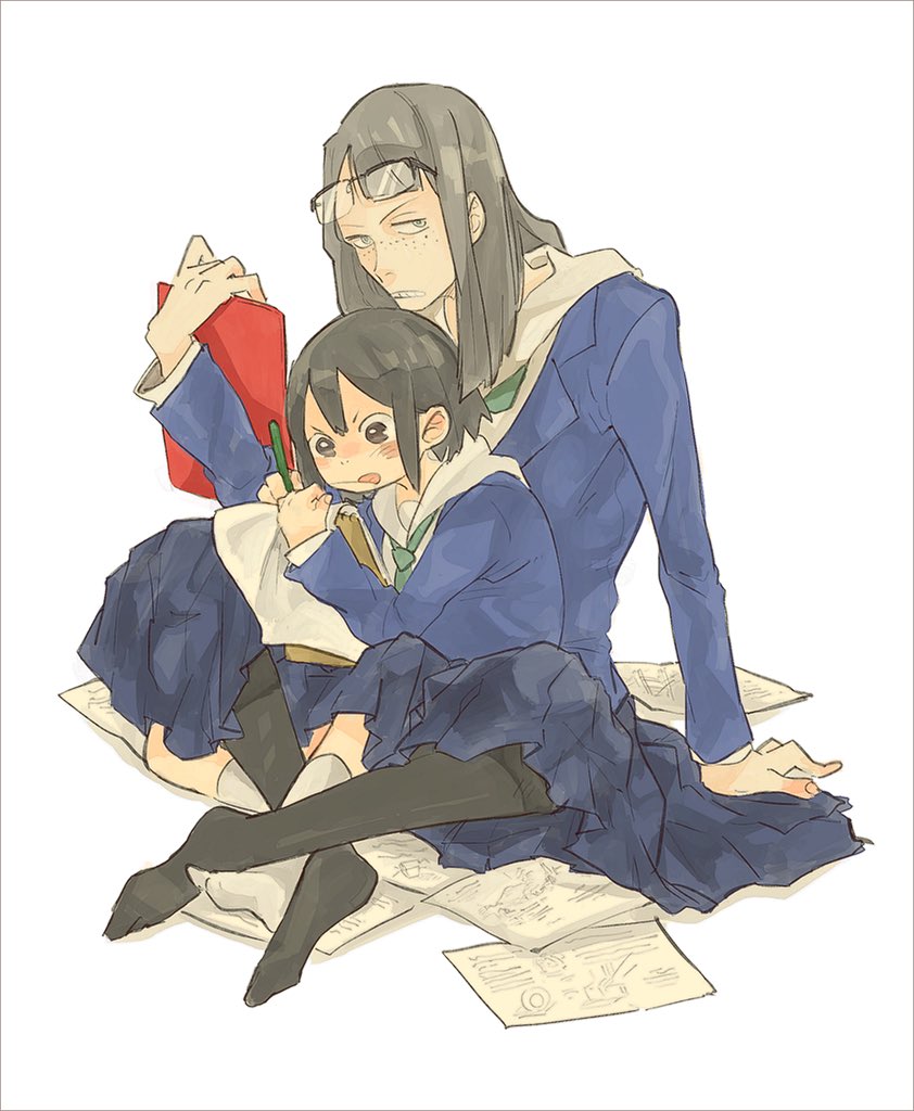 Safebooru - 2girls :q asakusa midori bangs black hair black legwear blue jacket blue skirt ...