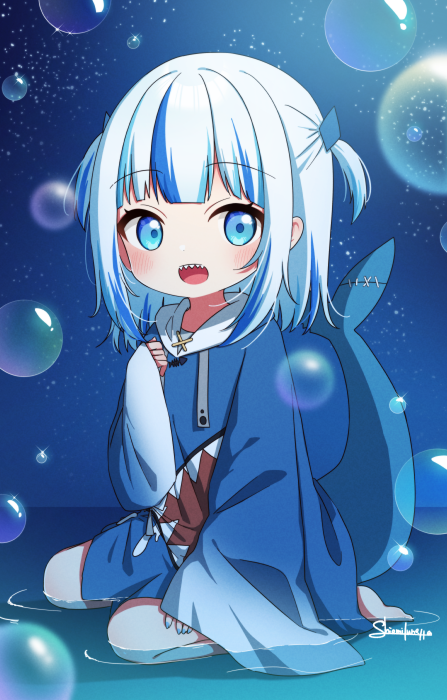 Safebooru - 1girl bangs barefoot blue background blue eyes blue hair blue hoodie bubble eyebrows ...
