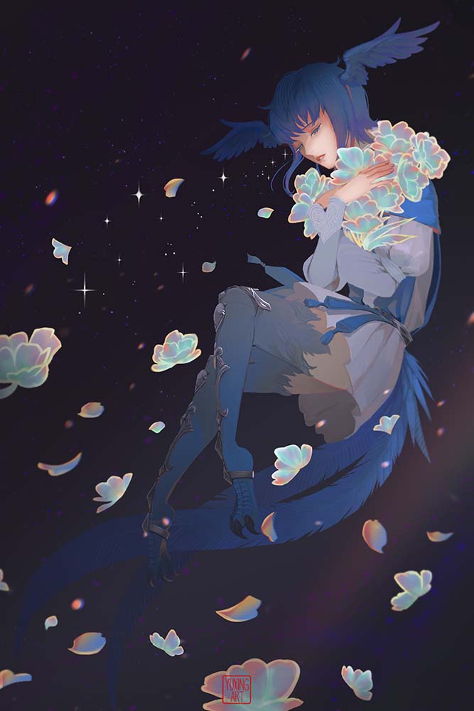 Safebooru - 1girl bangs bird girl bird legs bird tail bird wings black background blue hair ...