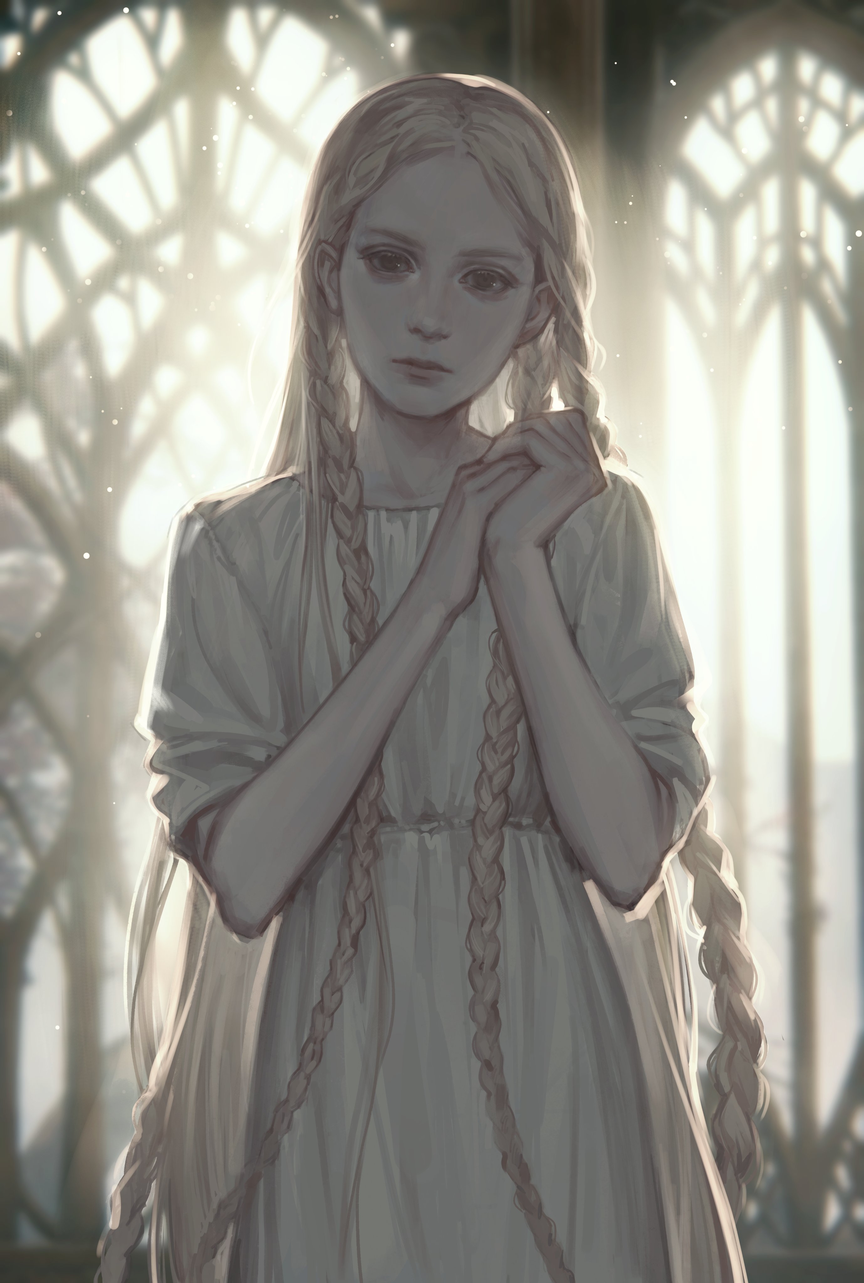 Safebooru - 1boy absurdres androgynous black eyes blonde hair braid closed mouth dress elden ...