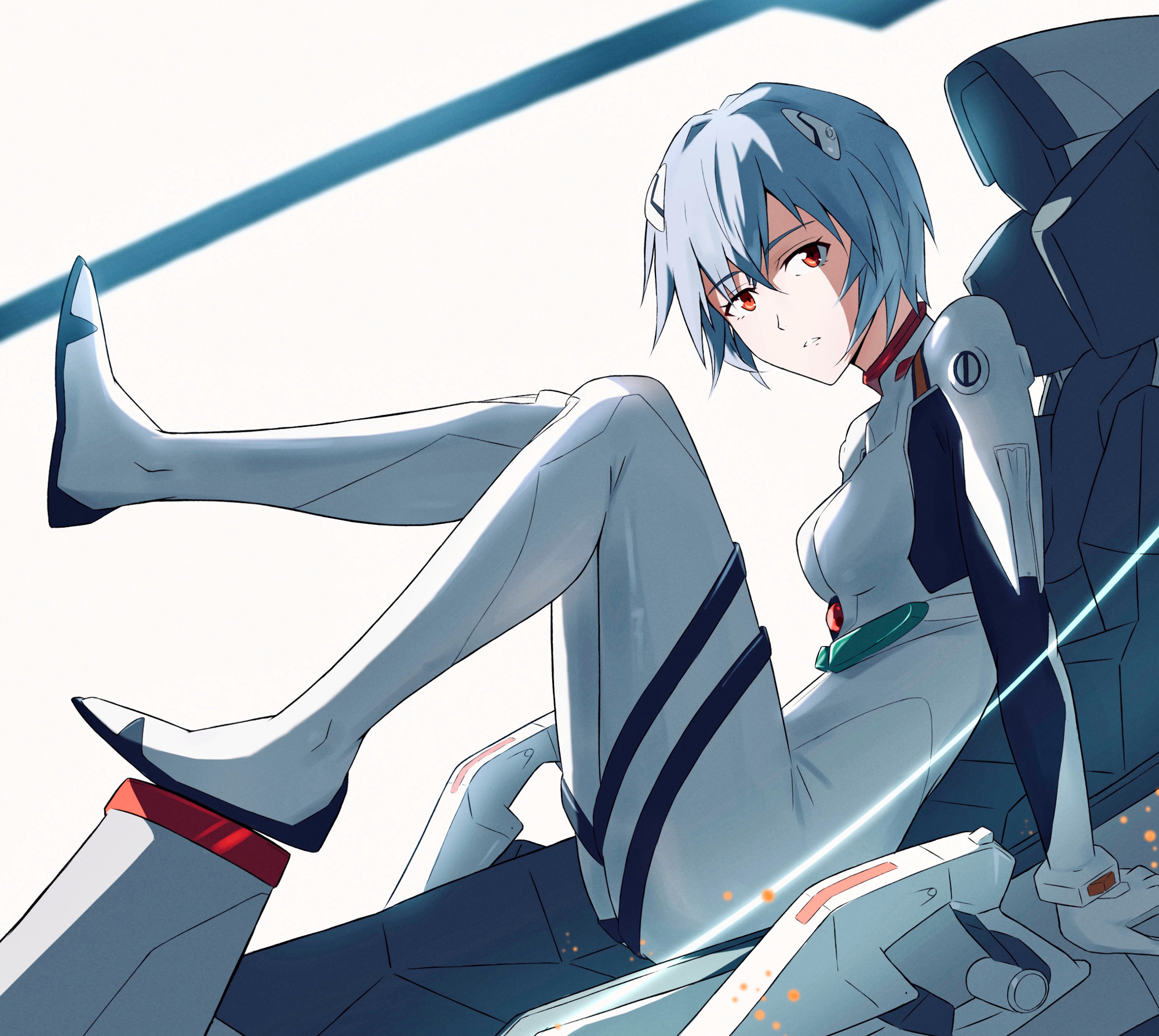 Safebooru - 1girl arm support ayanami rei bangs blue hair bodysuit breasts cockpit commentary ...