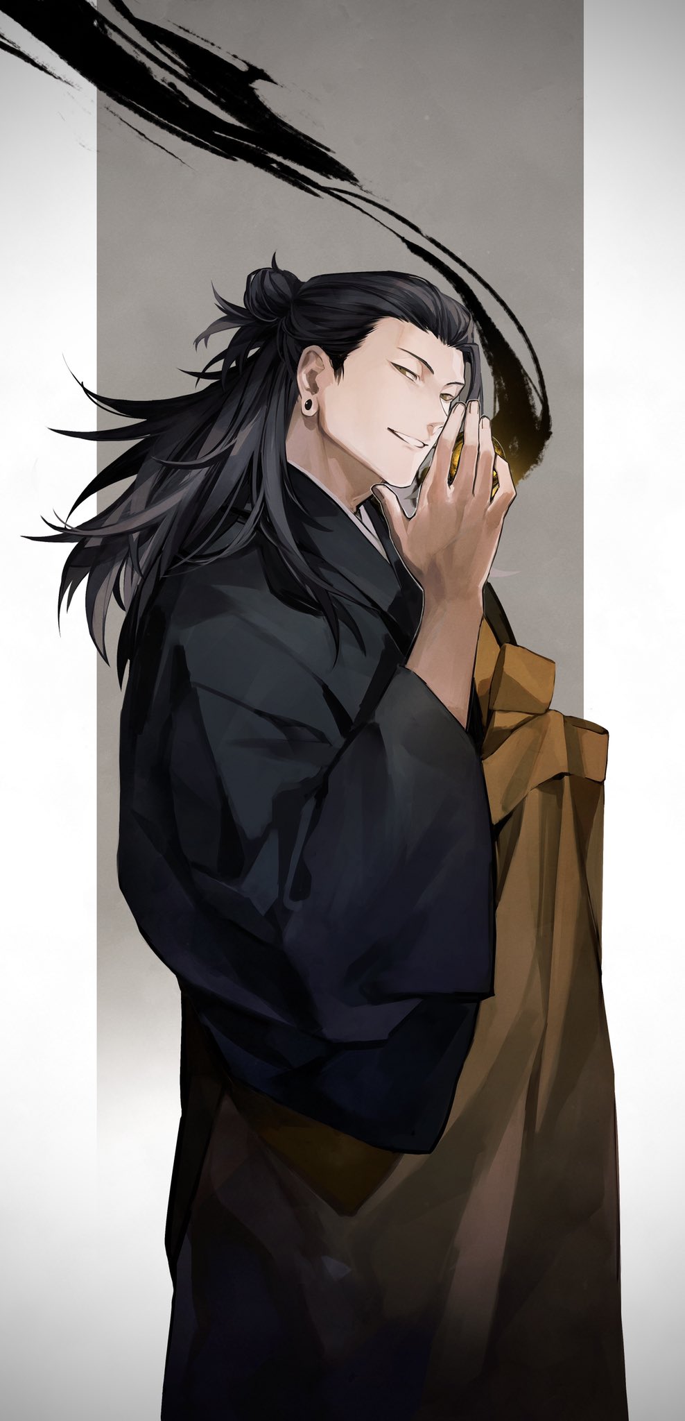 Safebooru - 1boy black hair black kimono cowboy shot ear piercing getou ...