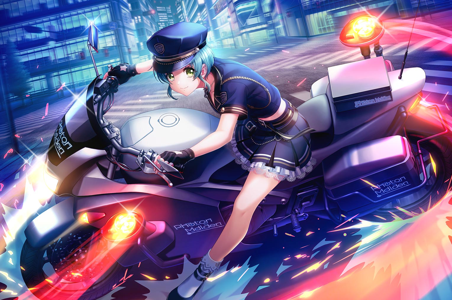 Safebooru - d4dj green eyes green hair hanamaki towa motorcycle police short hair smile | 3964500