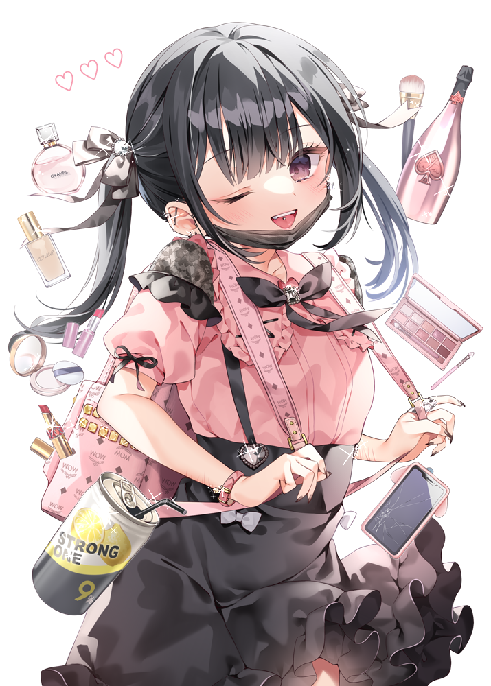 Safebooru - 1girl ;d backpack bag bendy straw black bow black hair ...