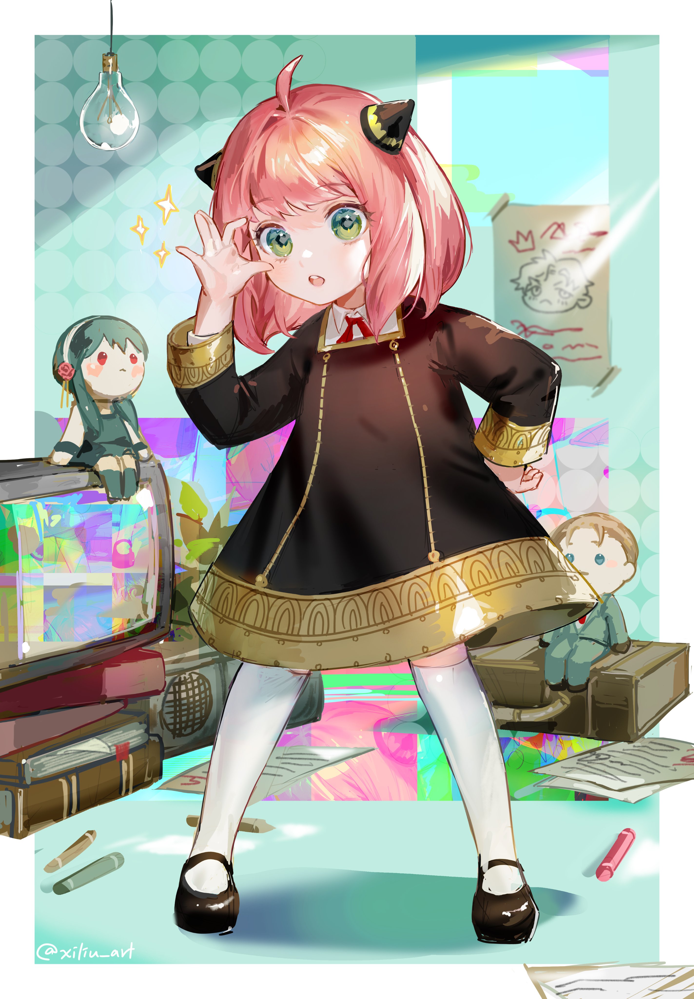 Safebooru - 1girl :o absurdres anya (spy x family) bangs black footwear blush book book stack ...
