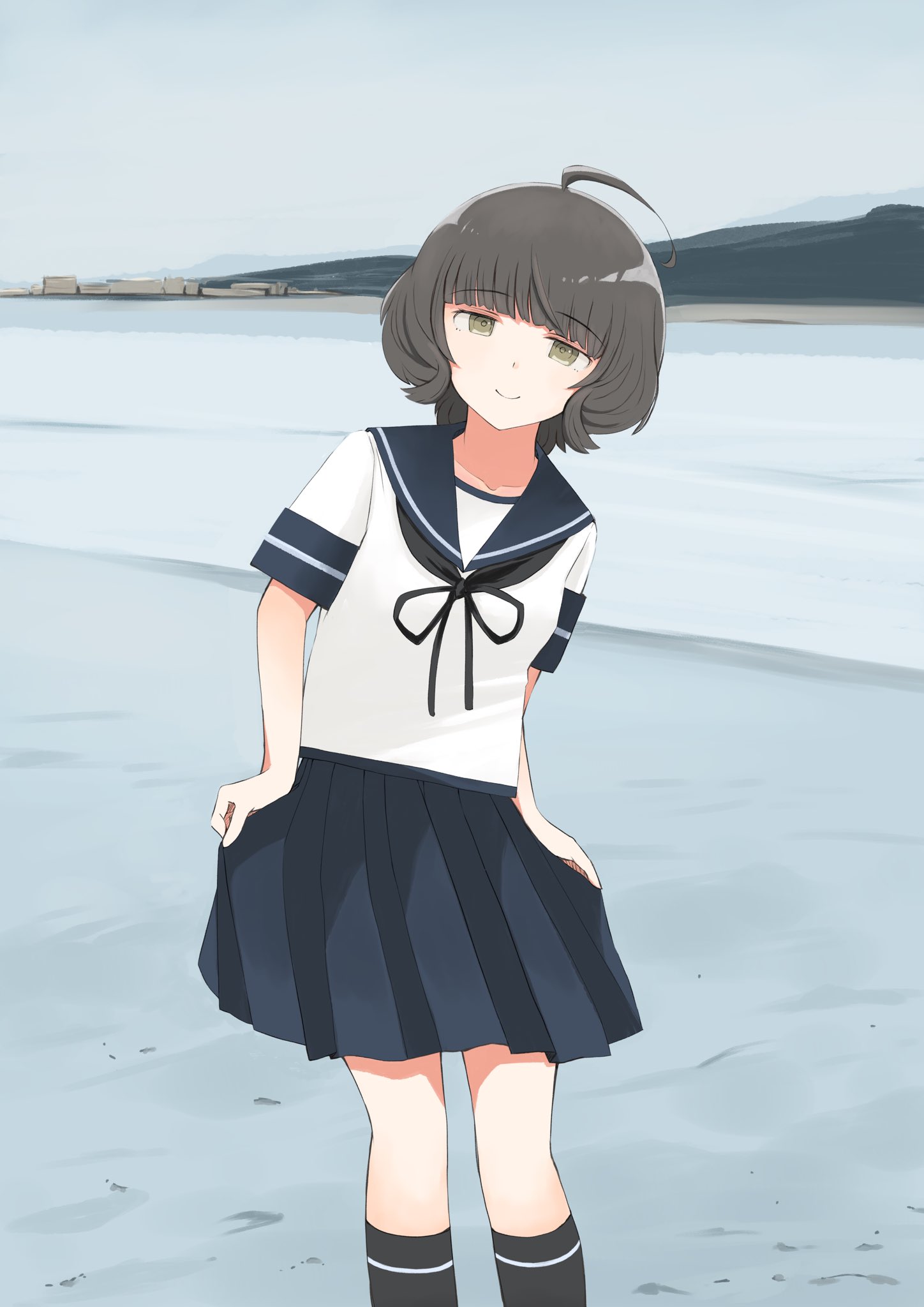 Safebooru - 1girl ahoge bangs black legwear blue sailor collar blue skirt blunt bangs brown eyes ...