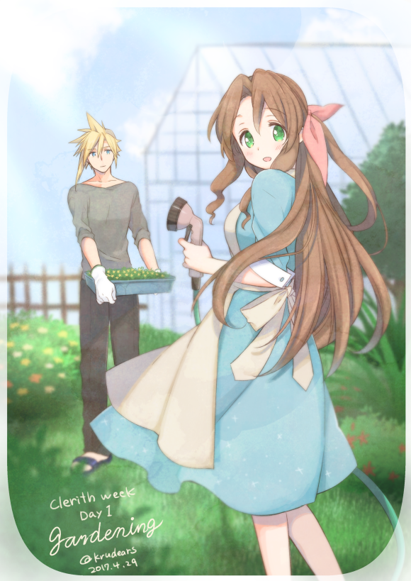 Safebooru - 1boy 1girl aerith gainsborough alternate costume apron bangs black pants blonde hair ...