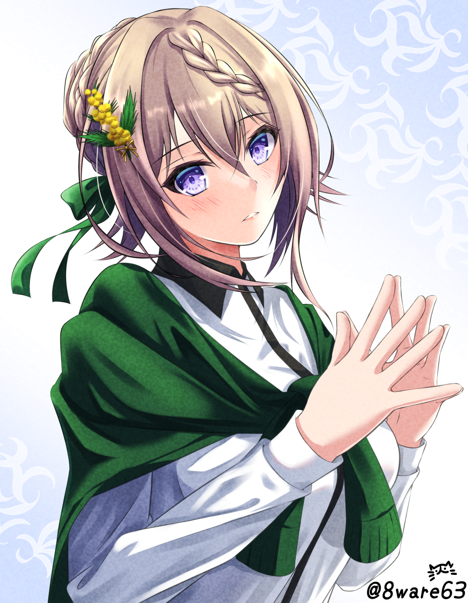 Safebooru - 1girl blonde hair braid braided bun breasts green ribbon ...