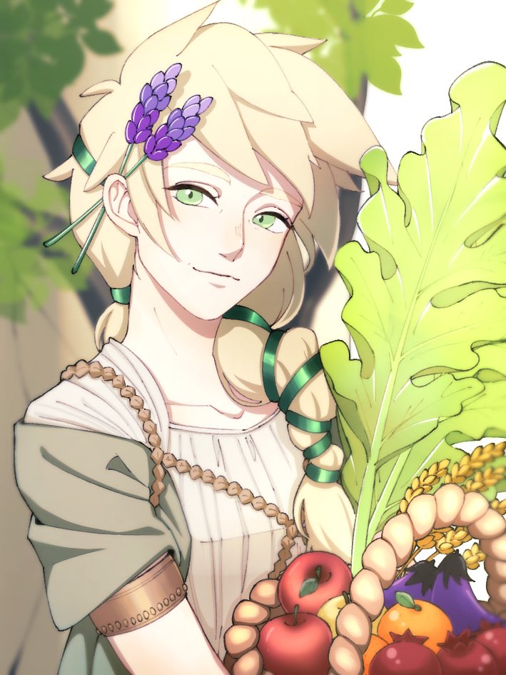 Safebooru - 1girl apple basket blonde hair eggplant flower food fruit ...