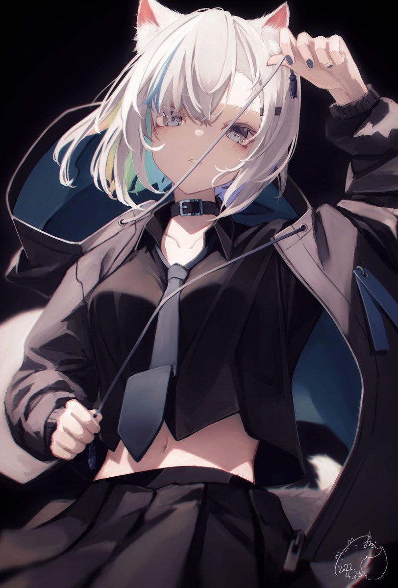 Safebooru - 1girl animal ears bangs black collar black necktie black skirt blue eyes breasts cat ...