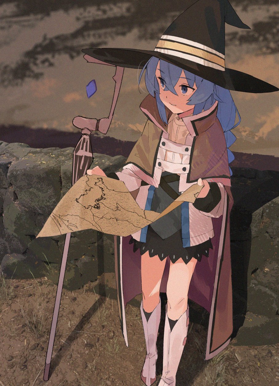 Safebooru - 1girl bangs black headwear blue eyes blue hair boots braid brown cape cape crossed ...