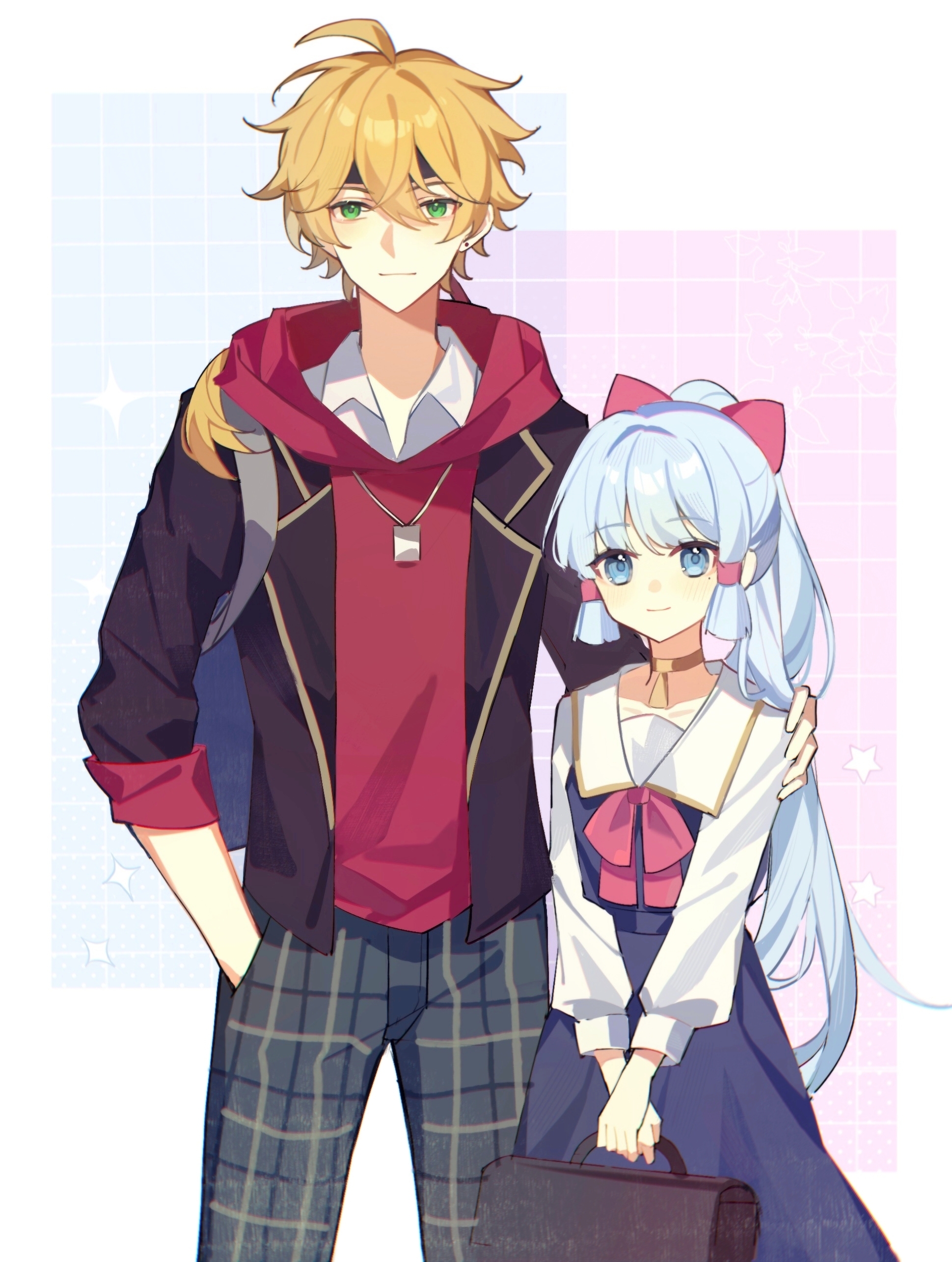 Safebooru - 1boy 1girl absurdres ahoge backpack bag belt blonde hair ...