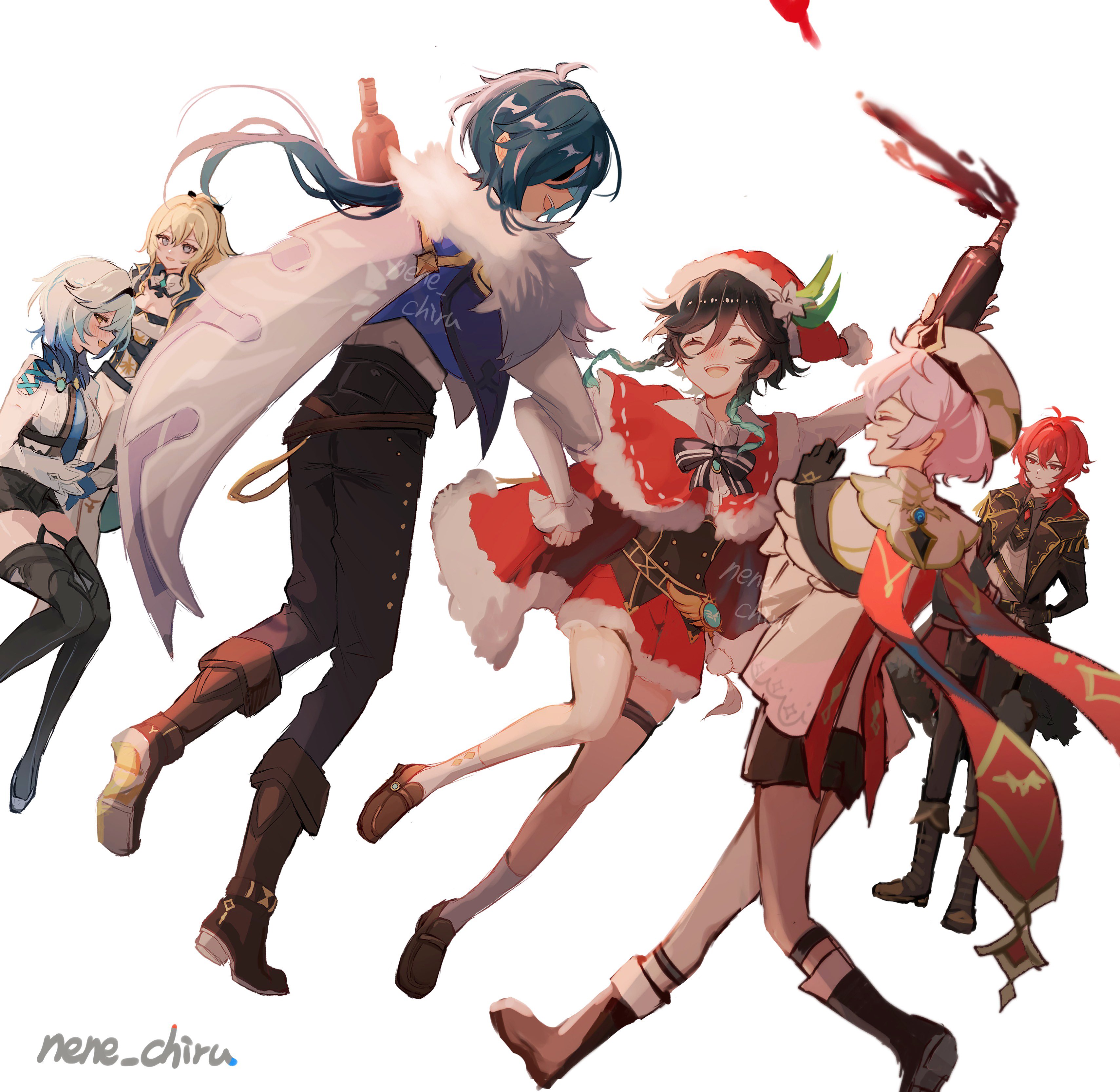 Safebooru - 2girls 4boys absurdres ahoge beret blonde hair boots bottle ...