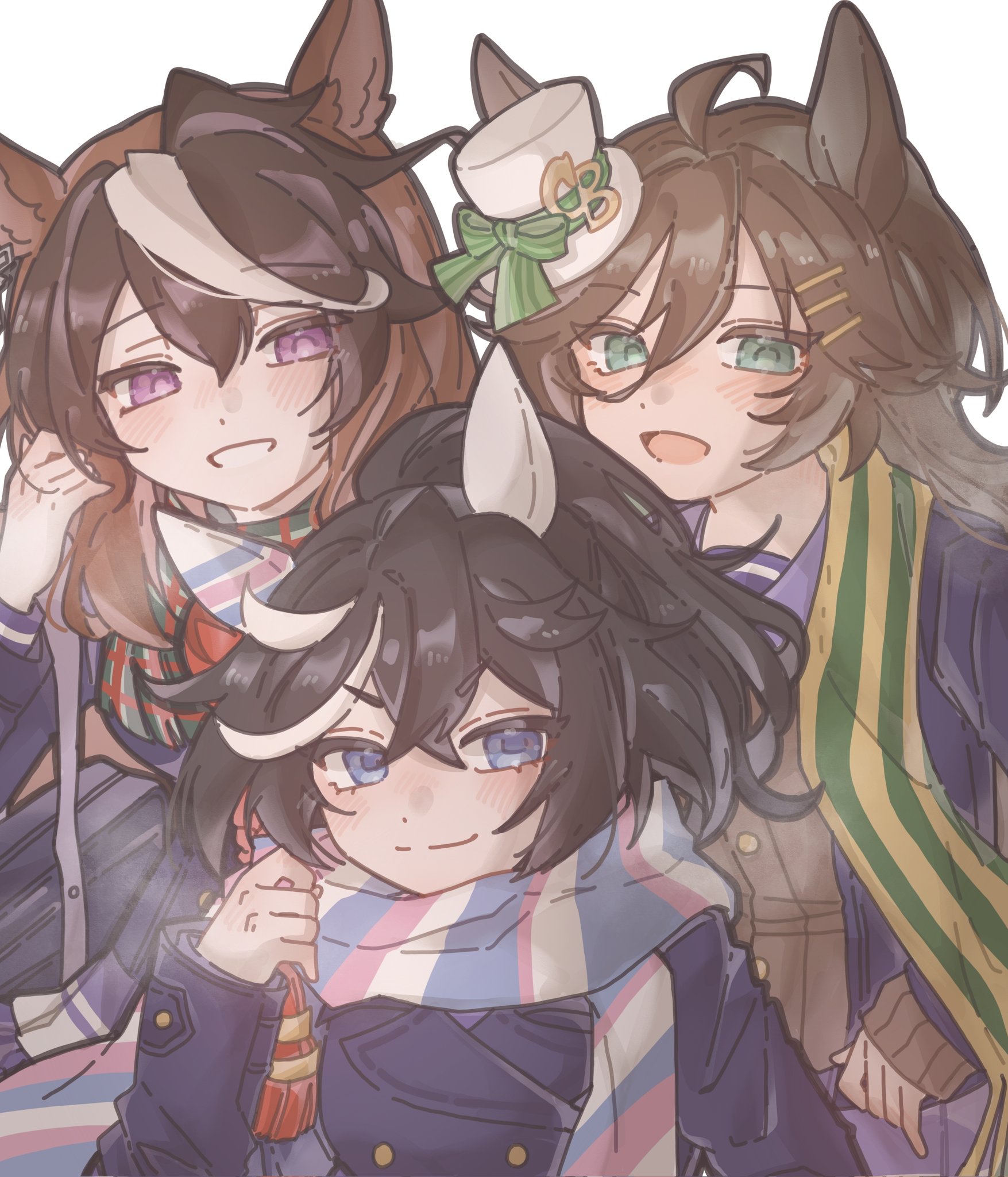 Safebooru - 3girls ahoge animal ears bag black hair blue coat blue eyes ...