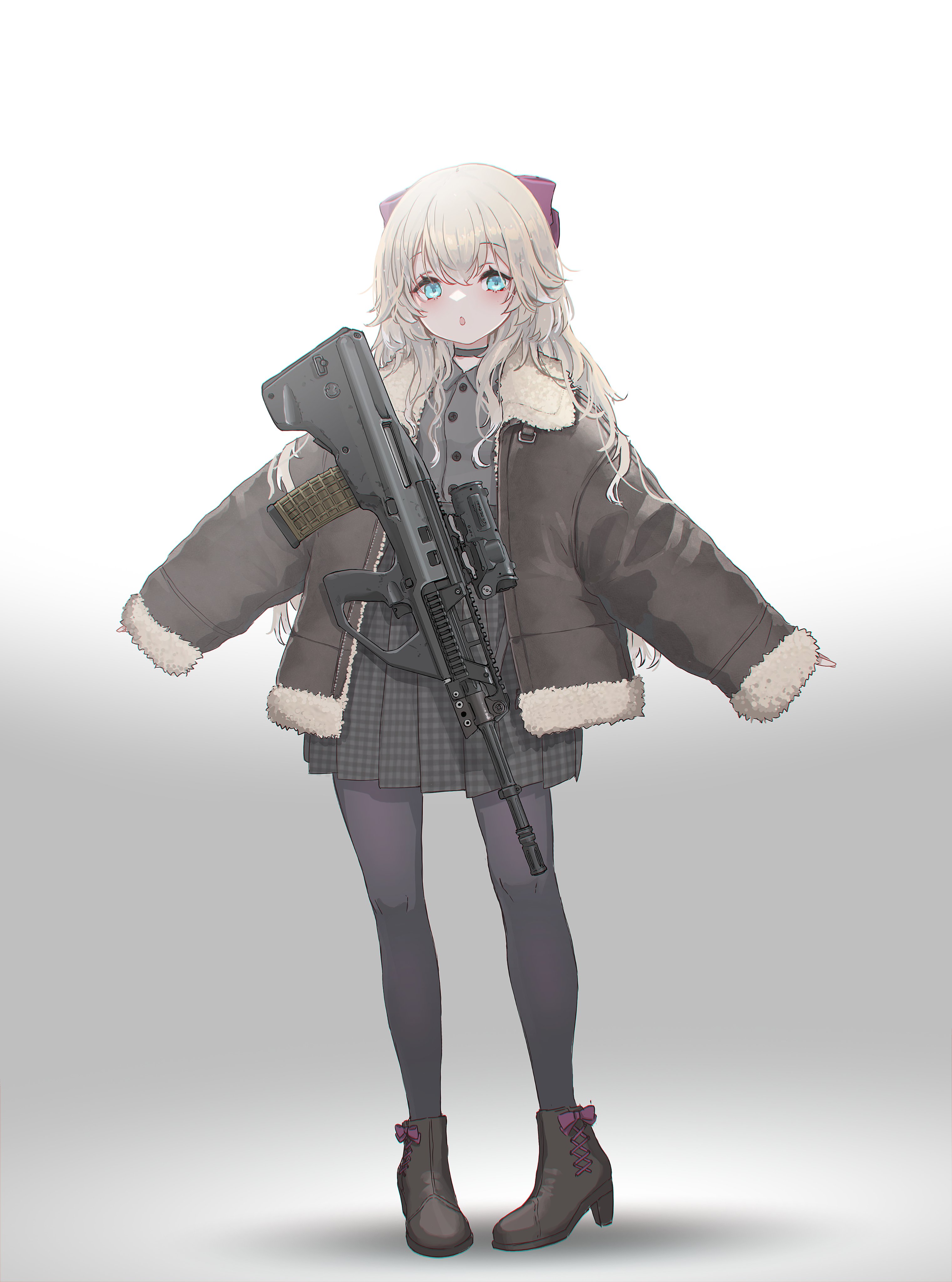 Safebooru - 1girl absurdres assault rifle blonde hair blue eyes boots ...
