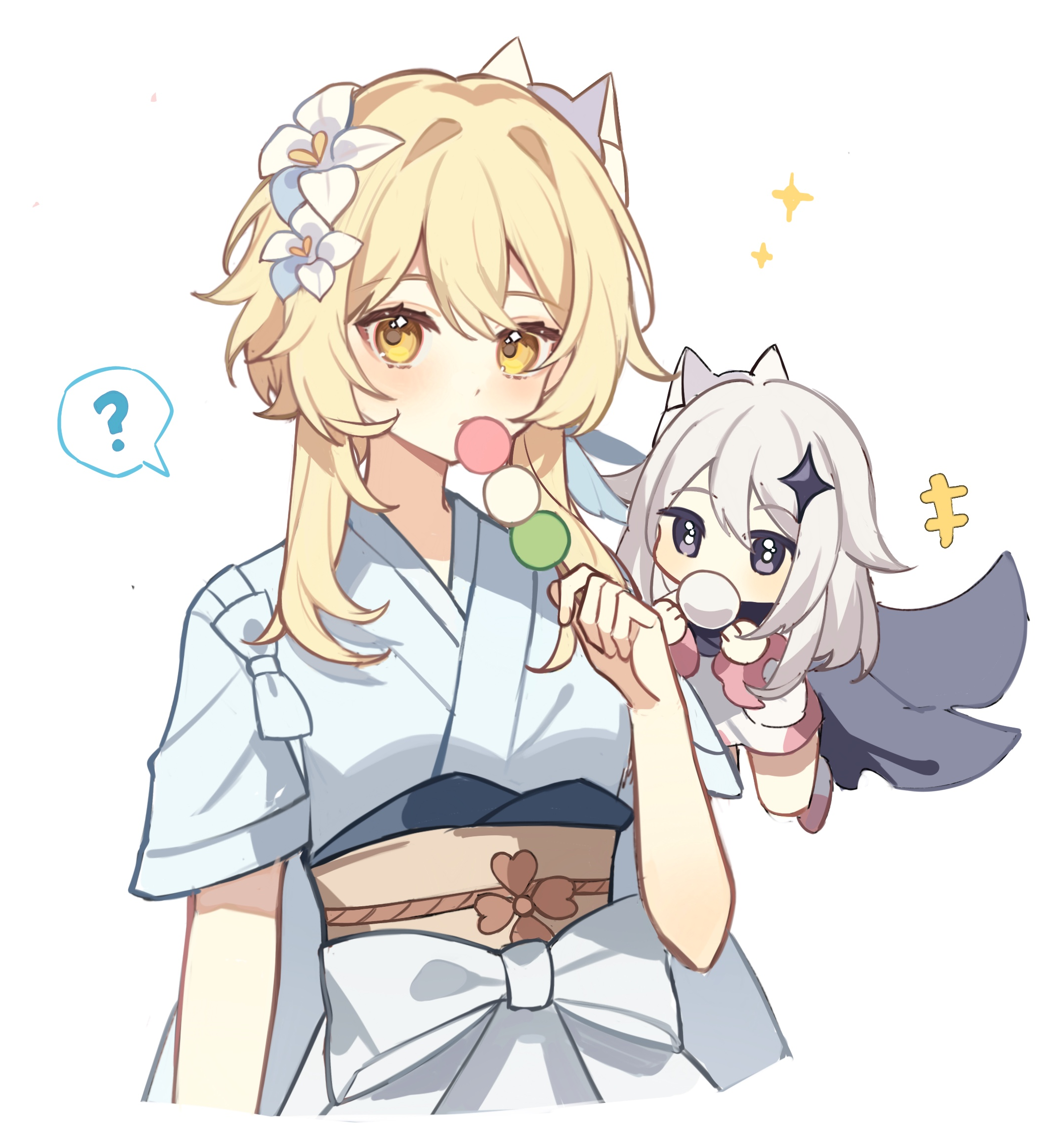 Safebooru - +++ 2girls ? alternate costume blonde hair blue cape blue ...