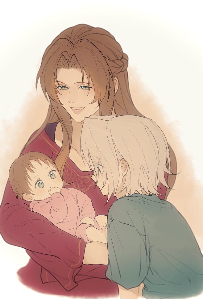 Safebooru - 0 ebj aerith gainsborough baby bangs barefoot braid brown hair covering mouth dress ...