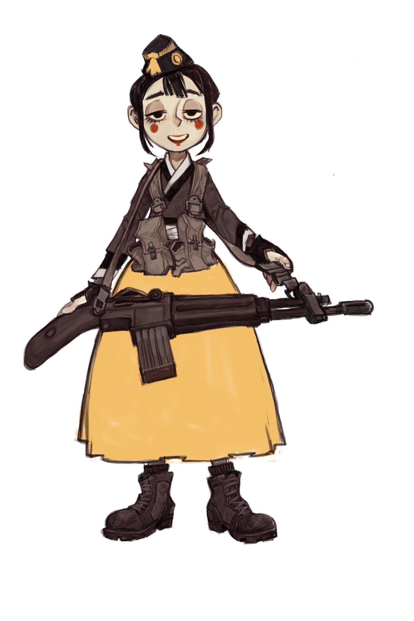 Safebooru - 1girl :d assault rifle black eyes black footwear black hair ...