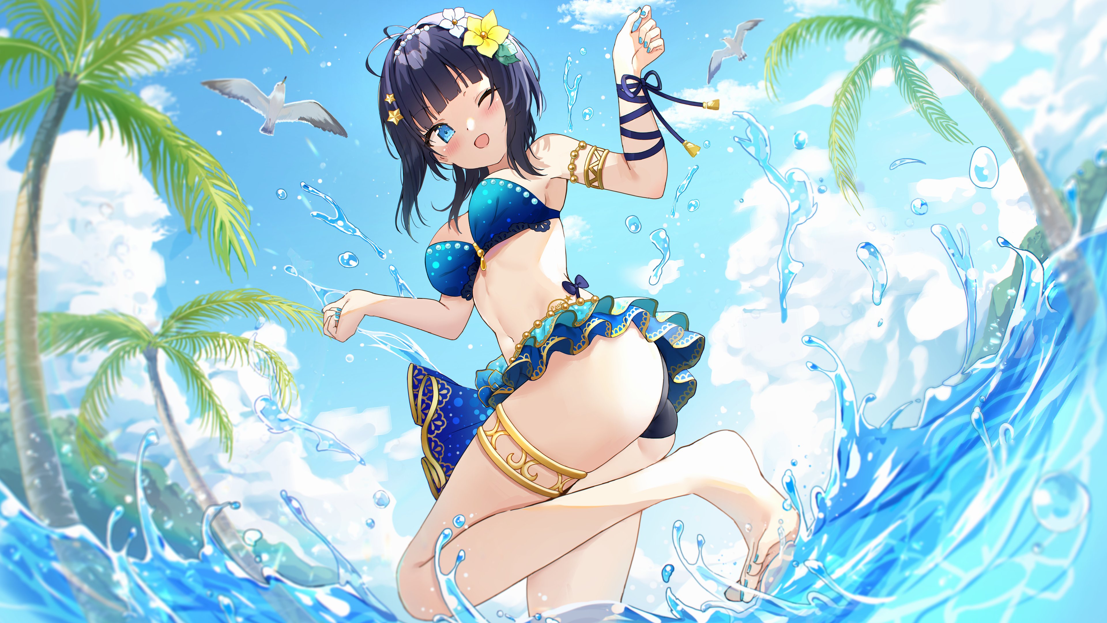 Safebooru - 1girl ;d absurdres armlet asaka karin ass bangs barefoot beach bikini bikini skirt ...