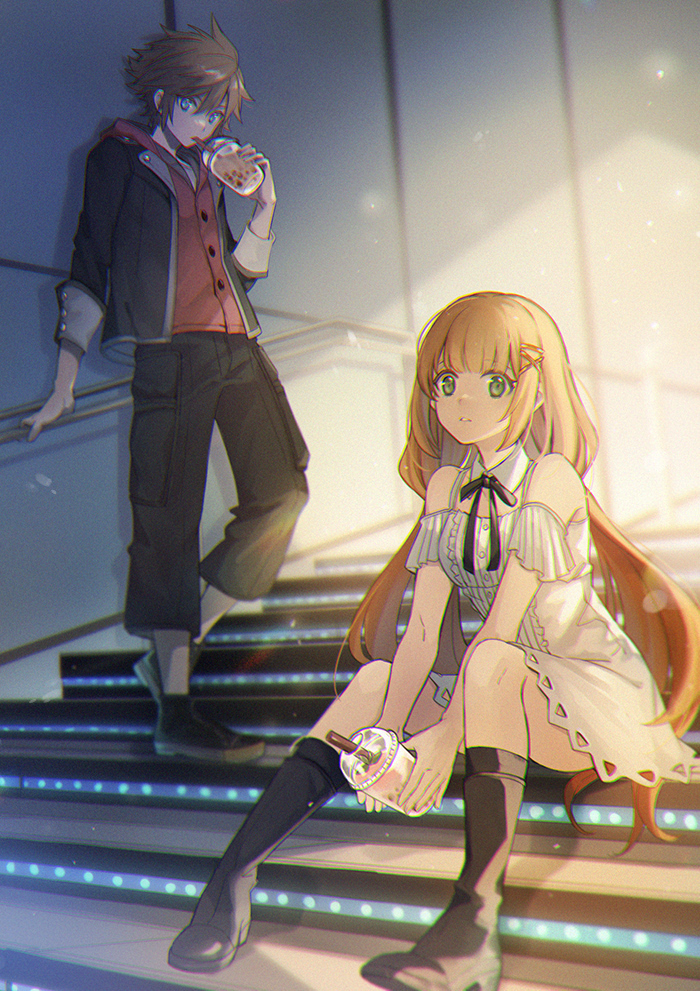 Safebooru - 1boy 1girl black footwear black jacket blue eyes boots bow ...