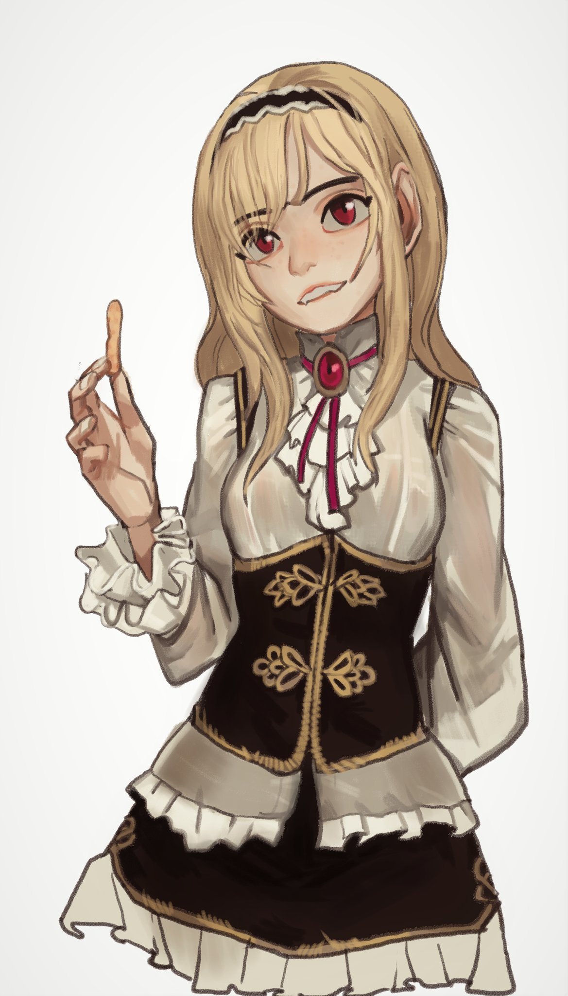 Safebooru - 1girl ascot black hairband black vest blonde hair blouse brooch fang fang out ...