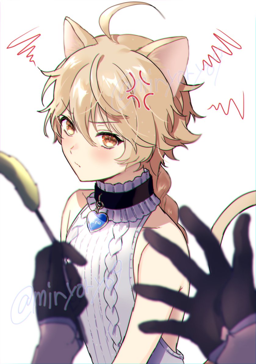 Safebooru - 2boys aether (genshin impact) animal ears bangs bare shoulders blonde hair braid cat ...
