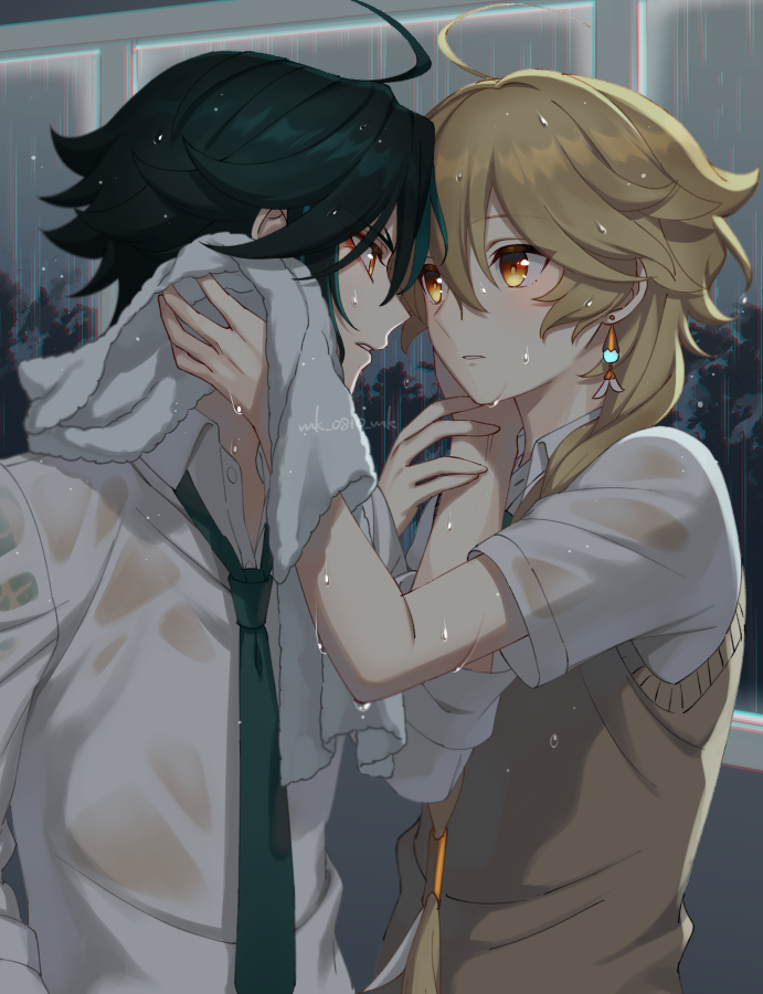 Safebooru - 2boys aether (genshin impact) ahoge ar (rikuesuto) bangs black hair blonde hair ...