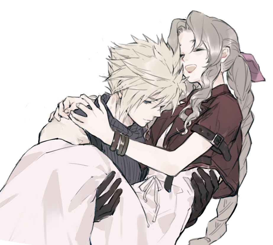 Safebooru - 1boy 1girl aerith gainsborough arms around neck asymmetrical hair bangs blonde hair ...