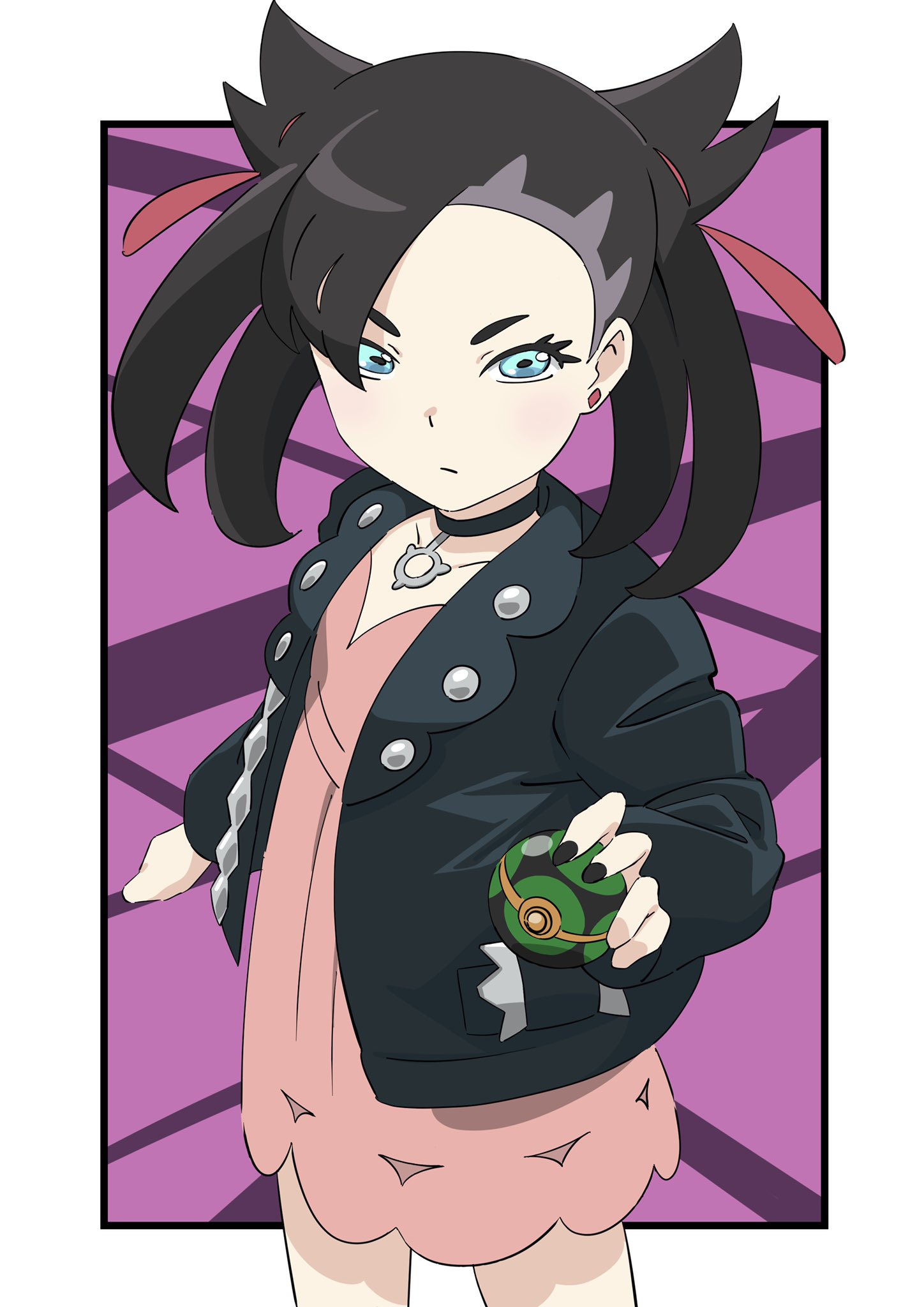 Safebooru - 1girl asymmetrical bangs bangs black choker black hair black jacket black nails ...