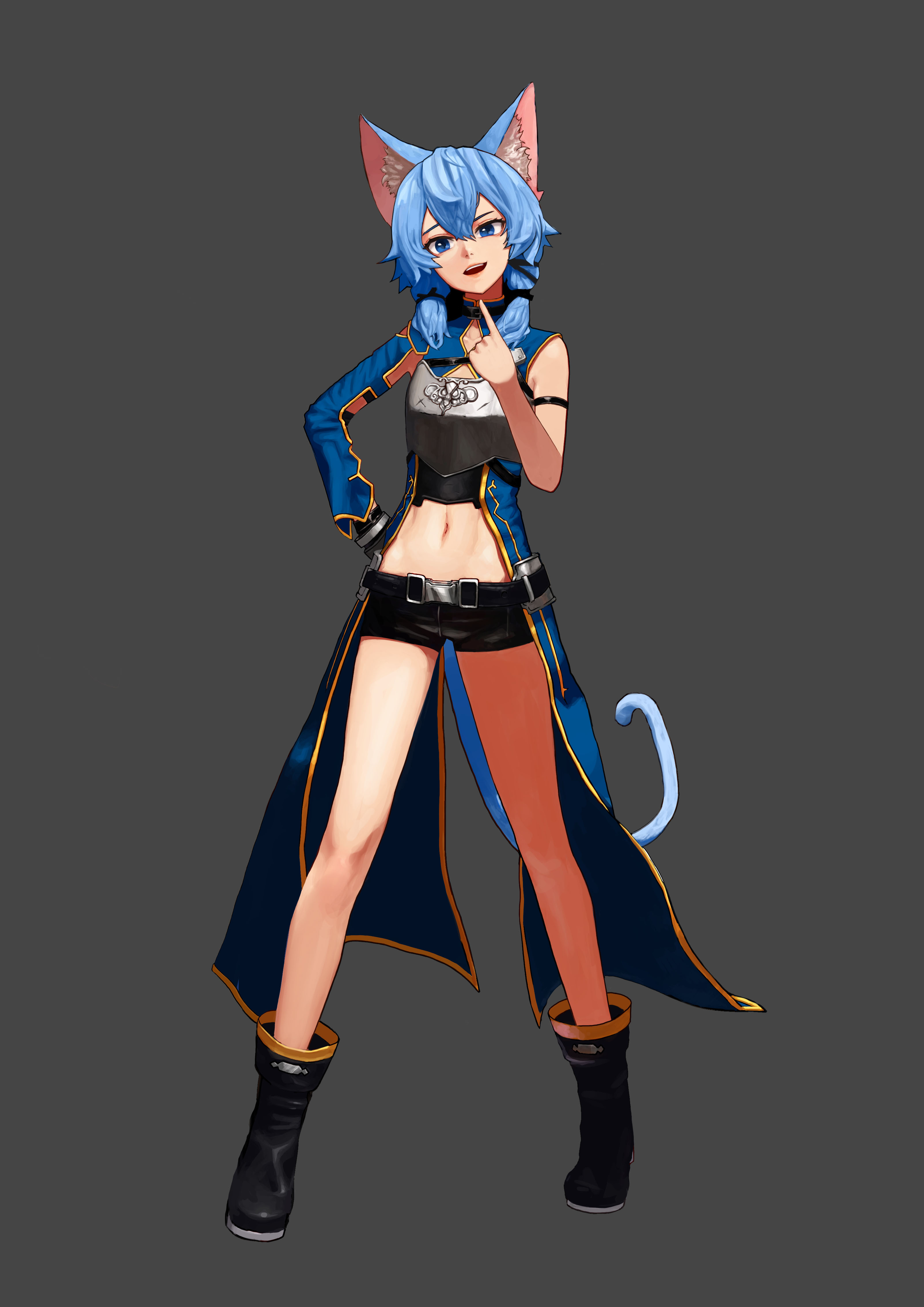 Safebooru - 1girl absurdres animal ears armor belt black shorts blue eyes blue hair boots ...