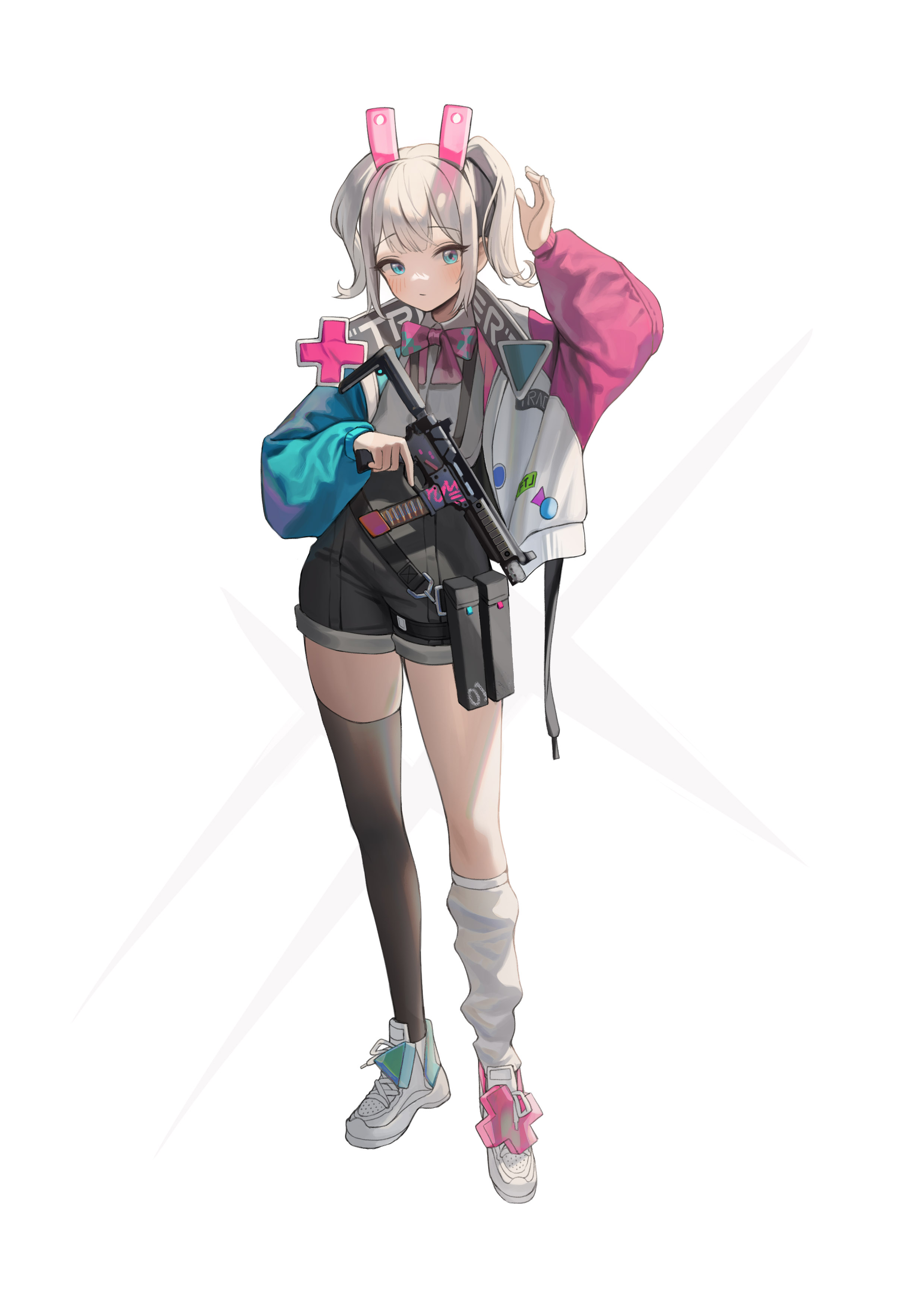 Safebooru - 1girl absurdres arm up asymmetrical legwear bangs black legwear black shorts blue ...