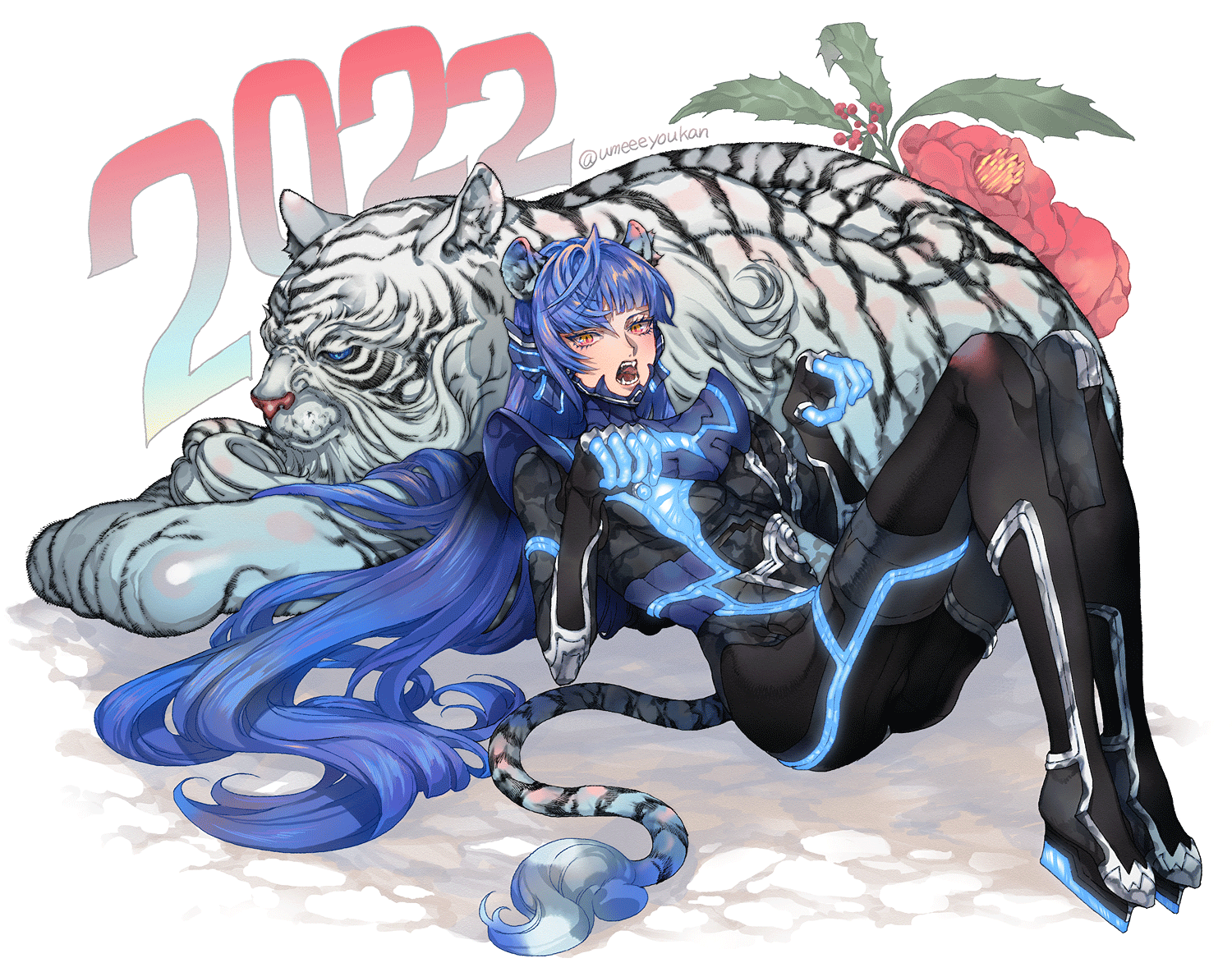 Safebooru - 1boy 1other androgynous animal ears asymmetrical hair blue hair bodysuit byakko ...