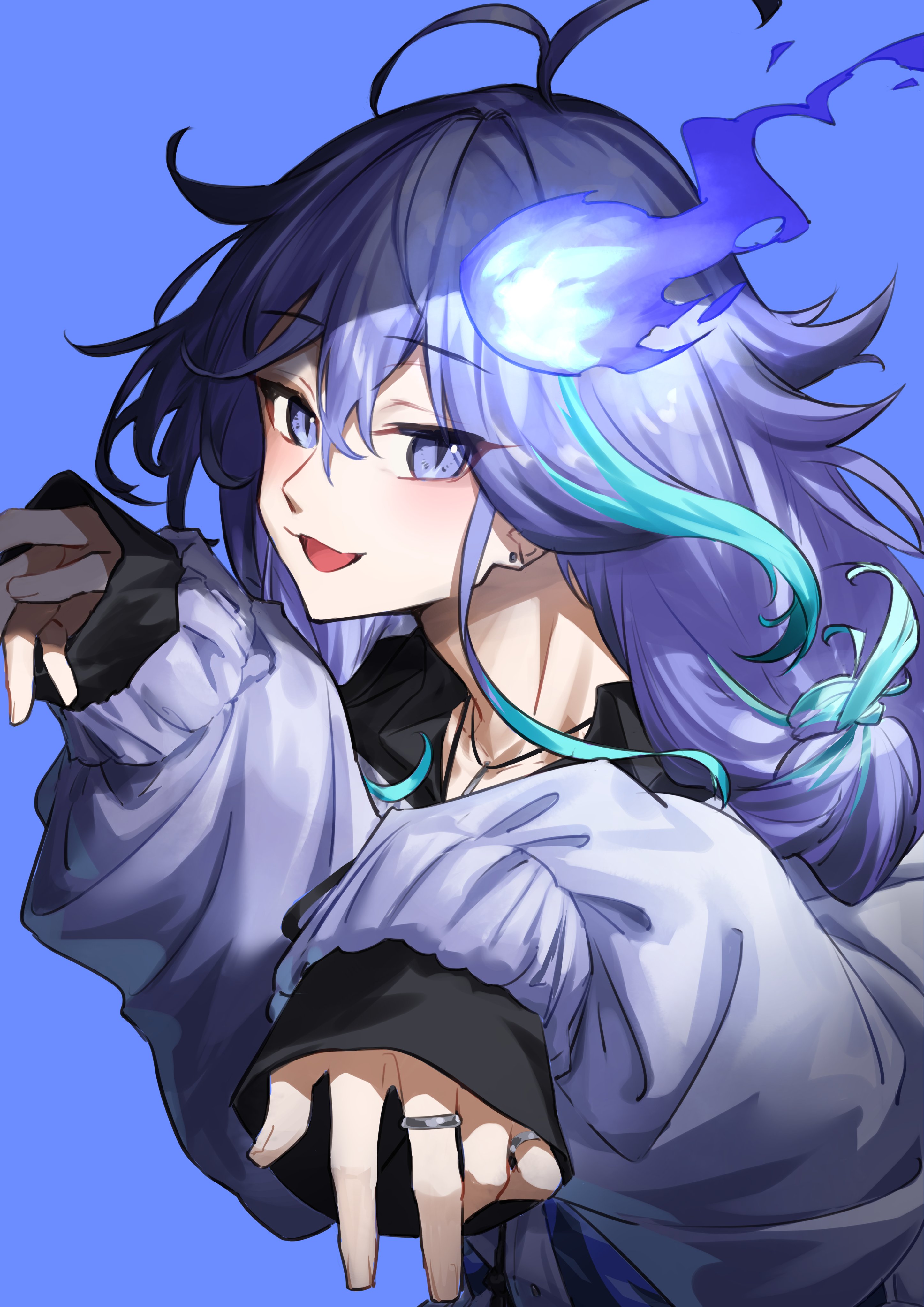 Safebooru - 1boy absurdres bangs black shirt blue background blue eyes blue fire blue hair blue ...