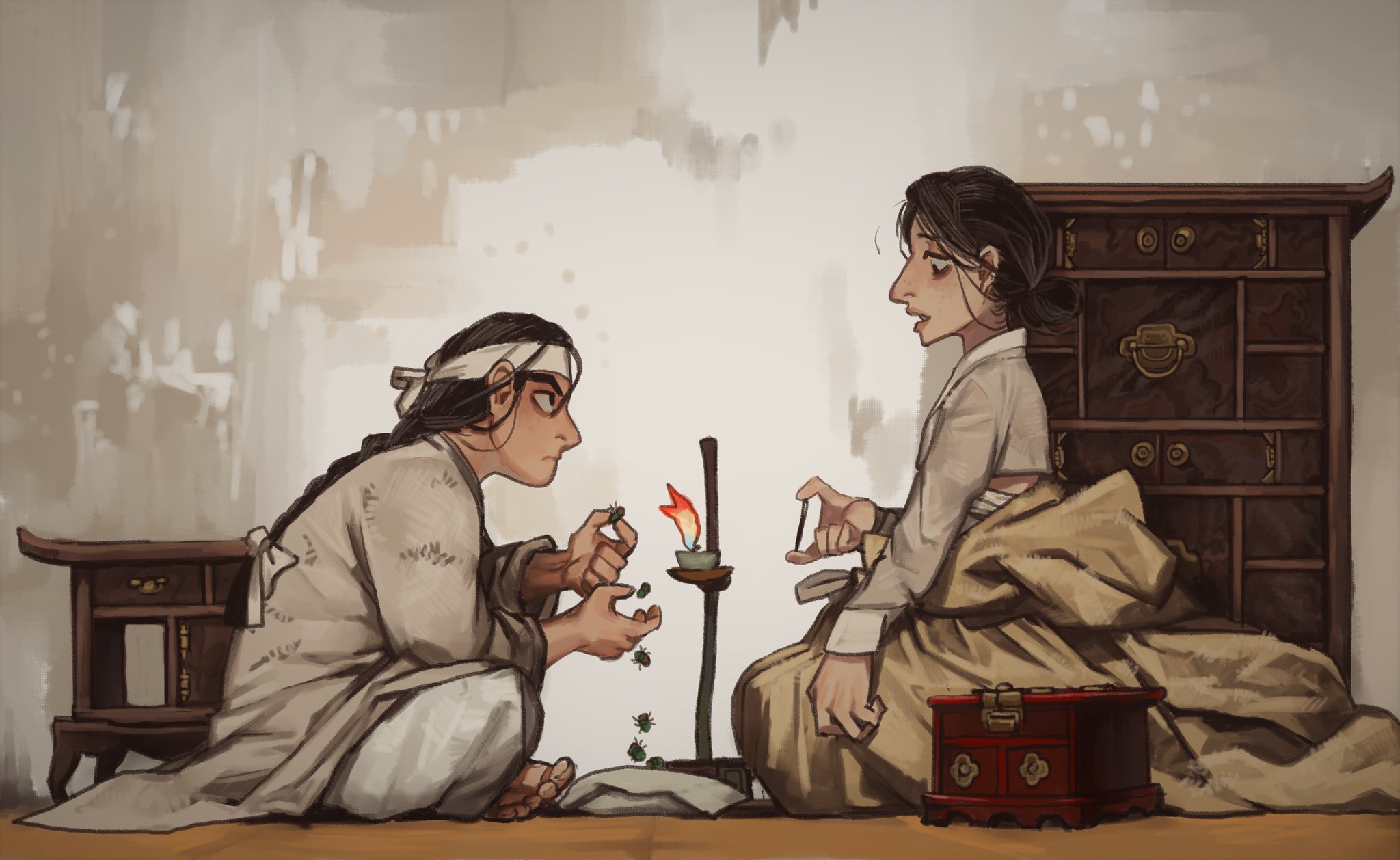 Safebooru 1boy 1girl Barefoot Black Eyes Black Hair Braid Bug Candle 9193