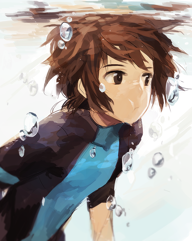Safebooru - 1boy air bubble aqua bodysuit bangs blurry bodysuit brown eyes brown hair bubble ...