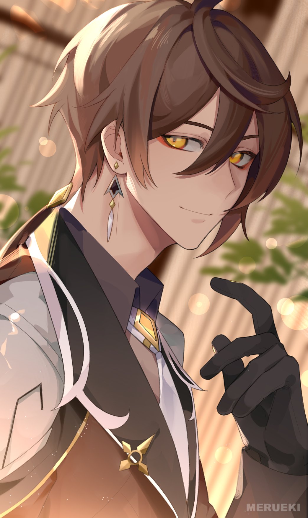 Safebooru - 1boy artist name bangs black gloves brown hair closed mouth ...