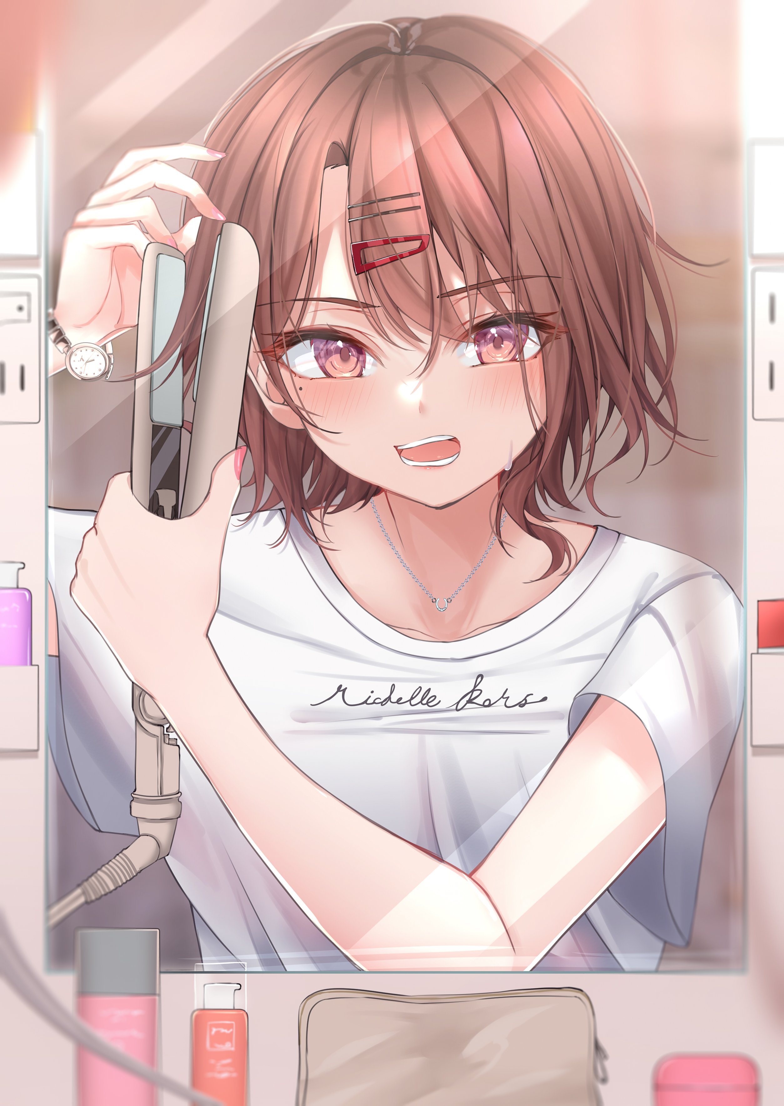 Safebooru - 1girl absurdres adjusting hair blurry blurry background blush cosmetics depth of ...