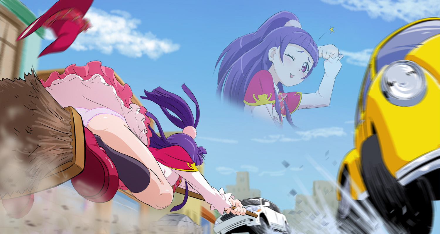 Safebooru - 1girl ;p ass bangs blue sky blunt bangs broom broom riding car clouds day dojikko ...