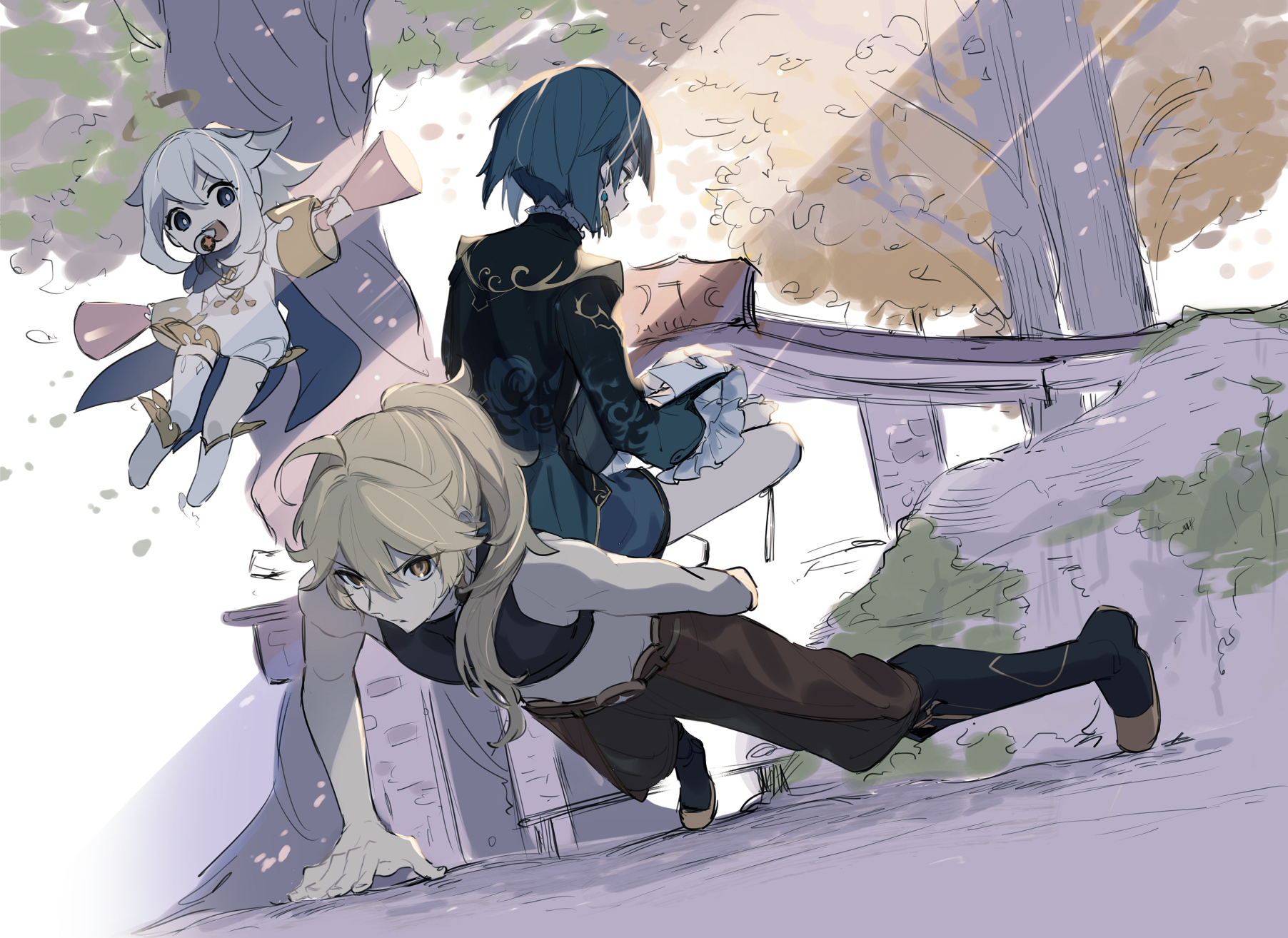 Safebooru - 1girl 2boys aether (genshin impact) ahoge alternate hairstyle bangs black footwear ...