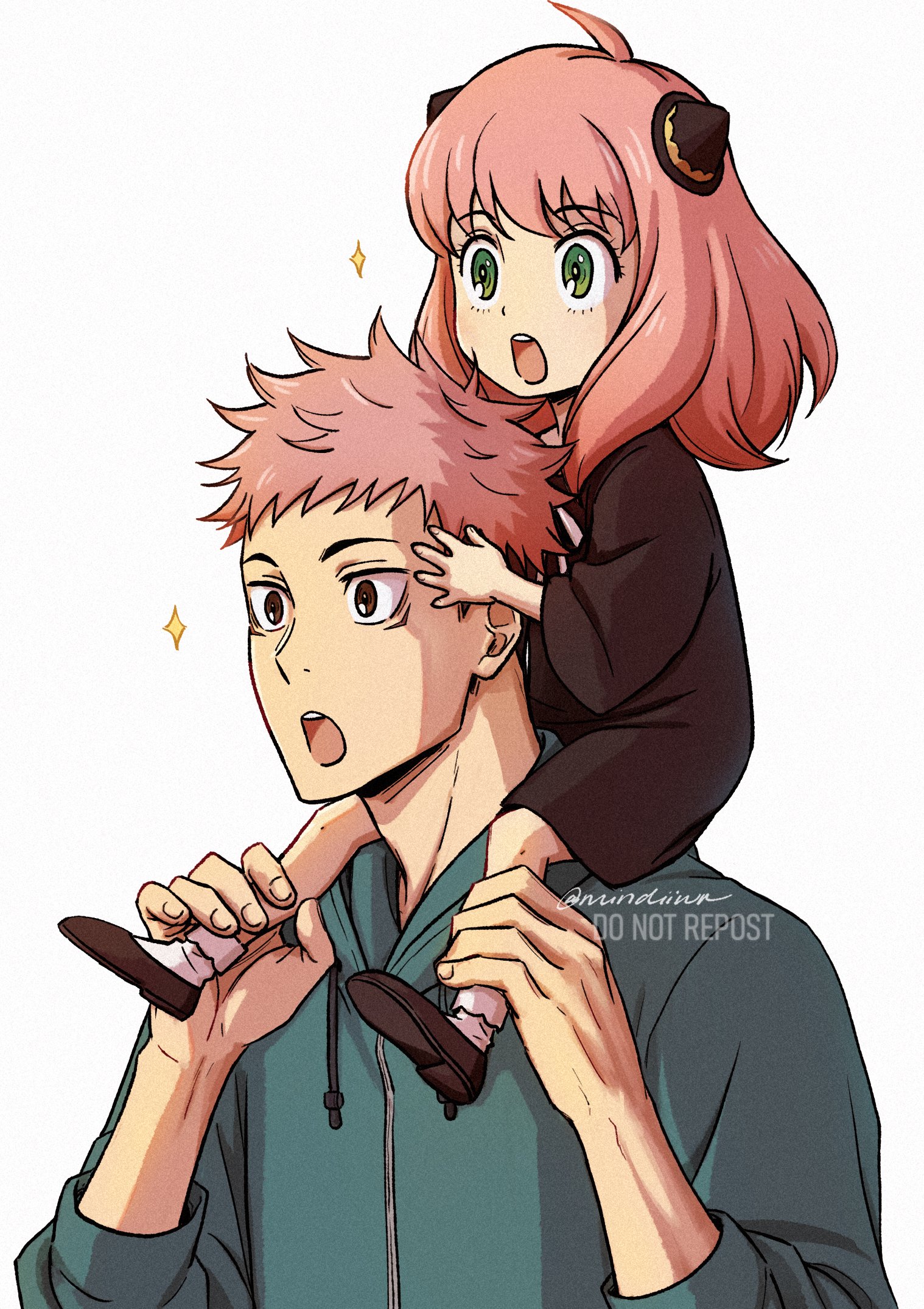 Safebooru - 1boy 1girl :o ahoge anya (spy x family) bangs black dress black eyes black footwear ...