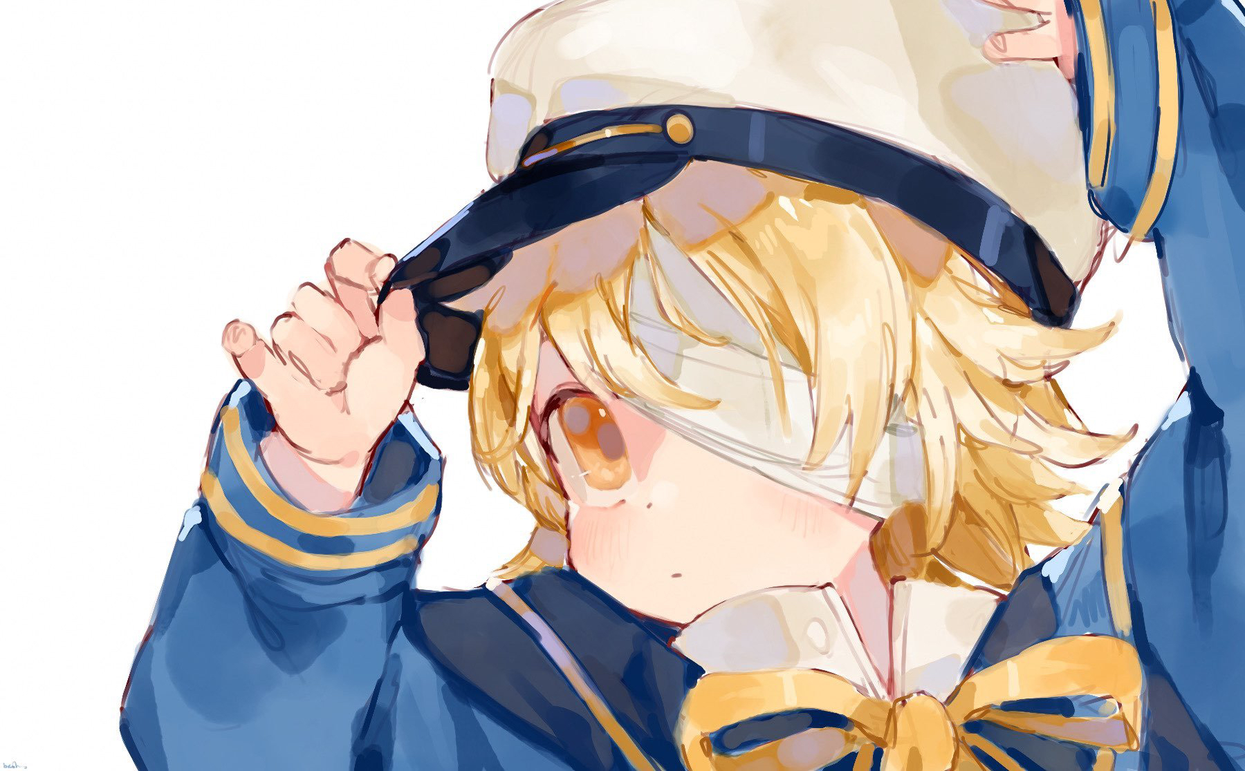 Safebooru - 1boy :/ adjusting clothes adjusting headwear bandage over one eye bangs blonde hair ...