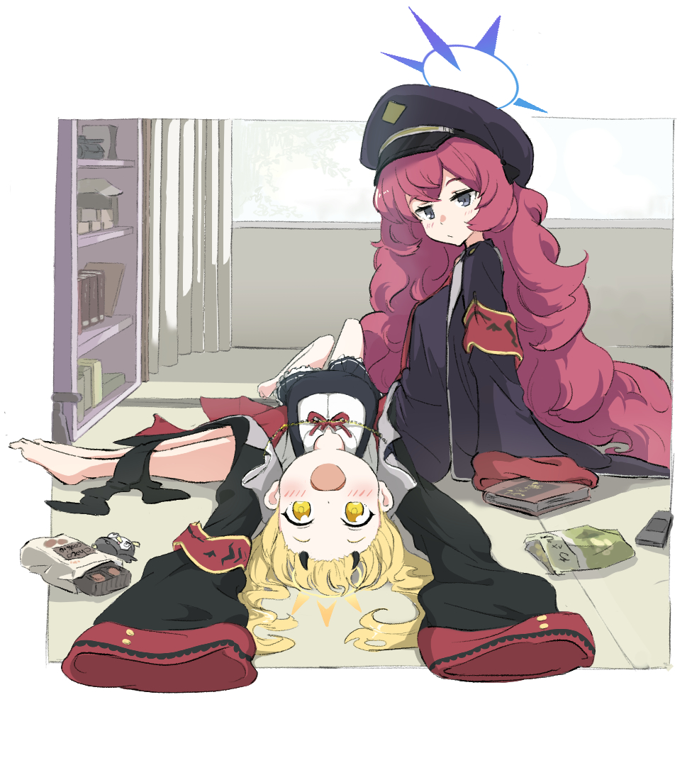 Safebooru - 2girls arm support armband bag of chips barefoot black skirt blonde hair blue ...